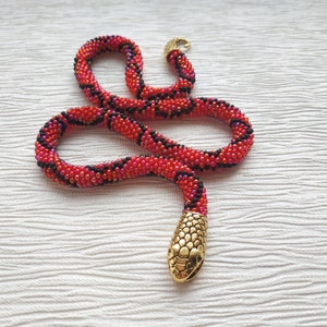 Red Statement Necklace, Beaded Snake Necklace, Red Bead Necklace, Seed ...