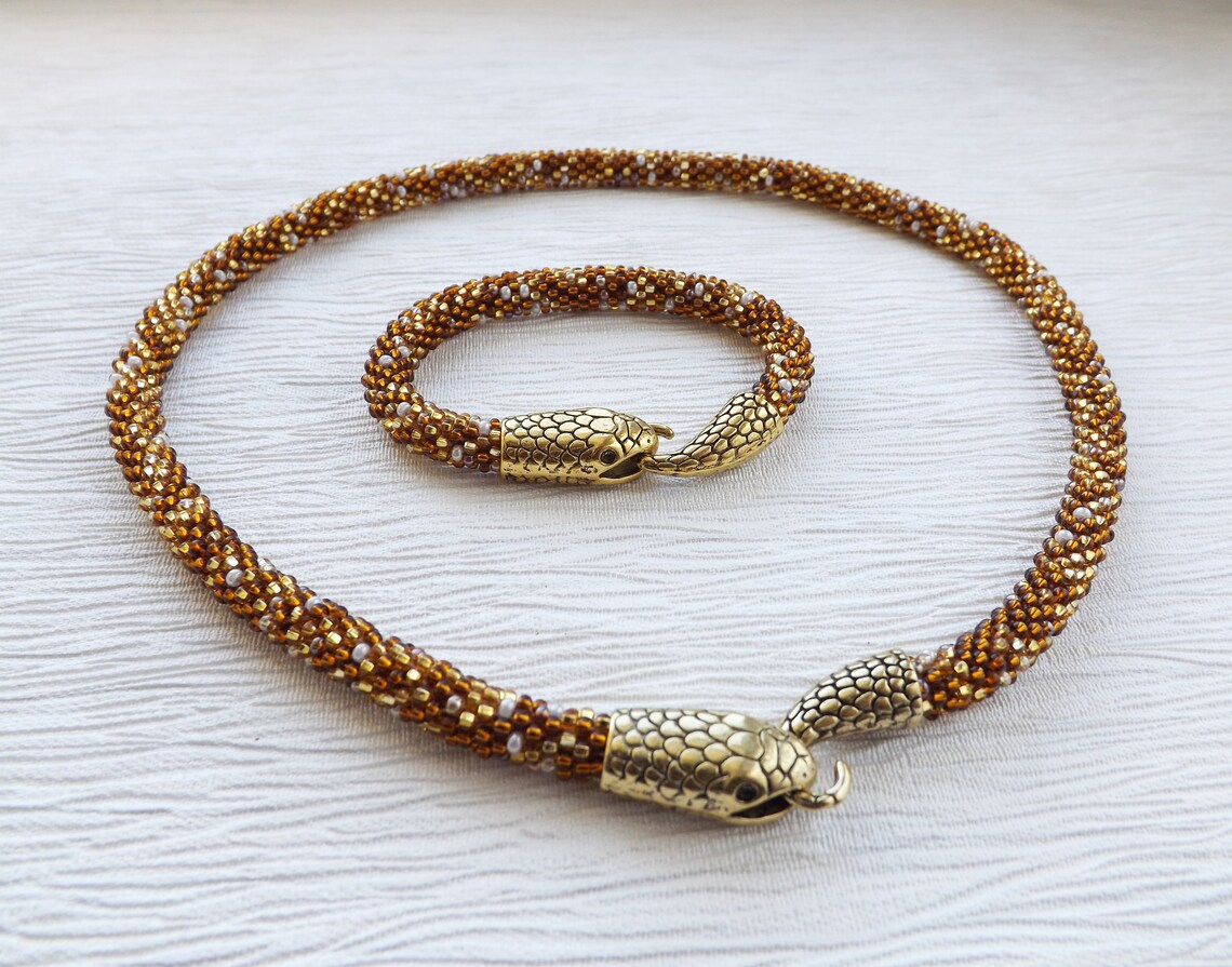 Gold Snake Jewelry Set, Beaded Gold Snake Necklace, Gold Seed Bead ...