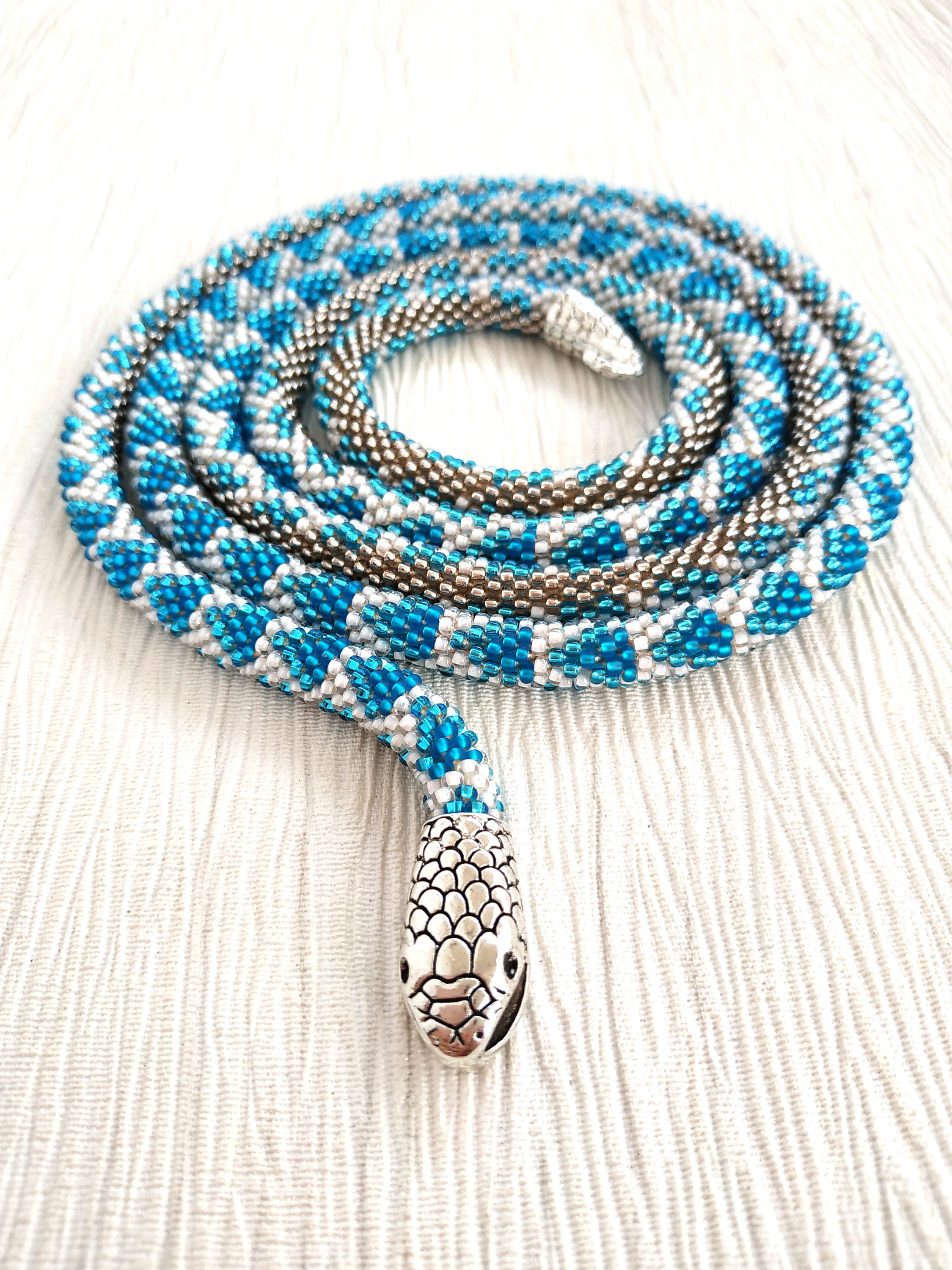 Silver Snake Necklace Long Beaded Necklace Serpent Necklace | Etsy