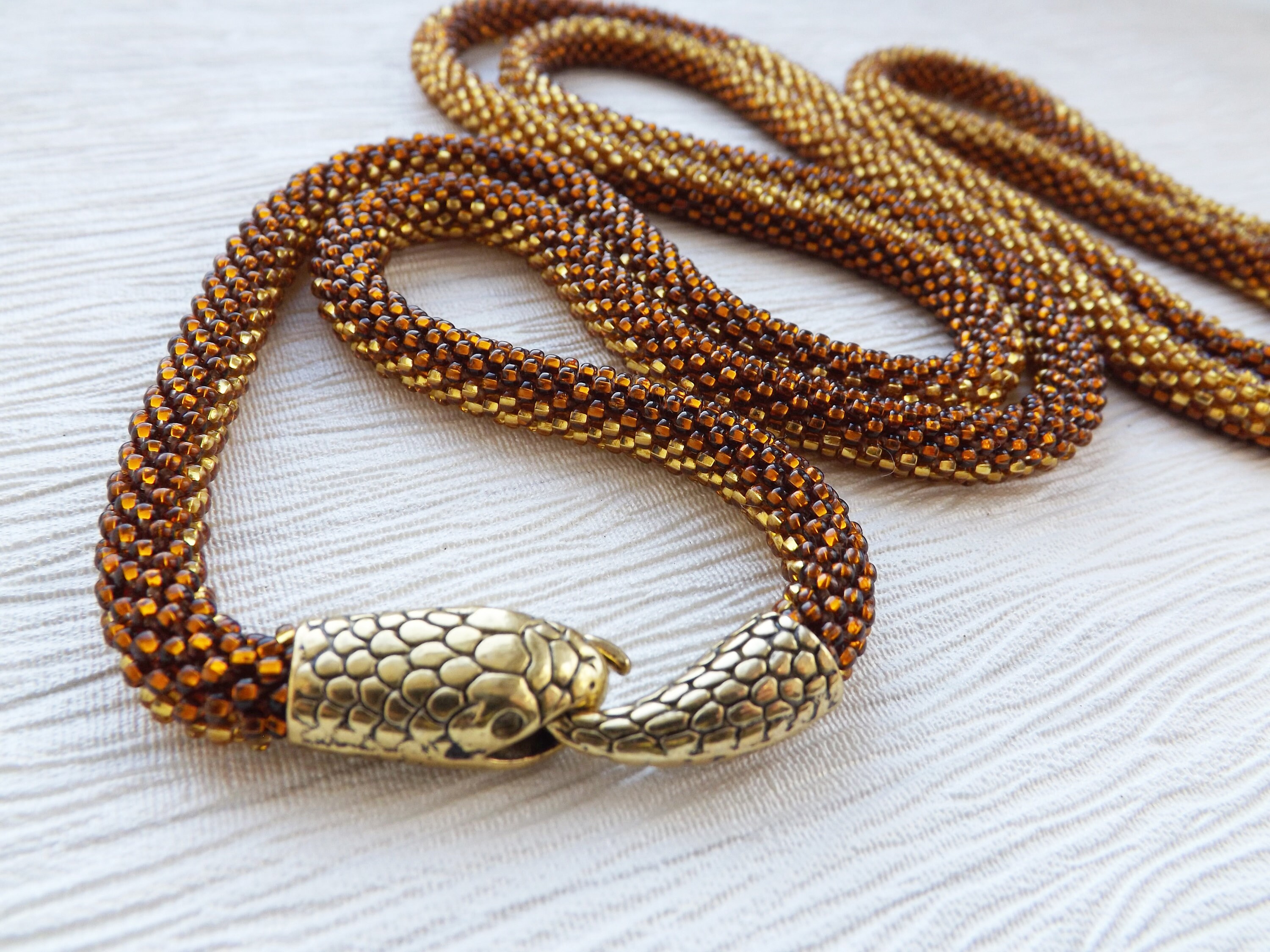 Beaded long necklace Gold snake necklace Handmade jewelry | Etsy