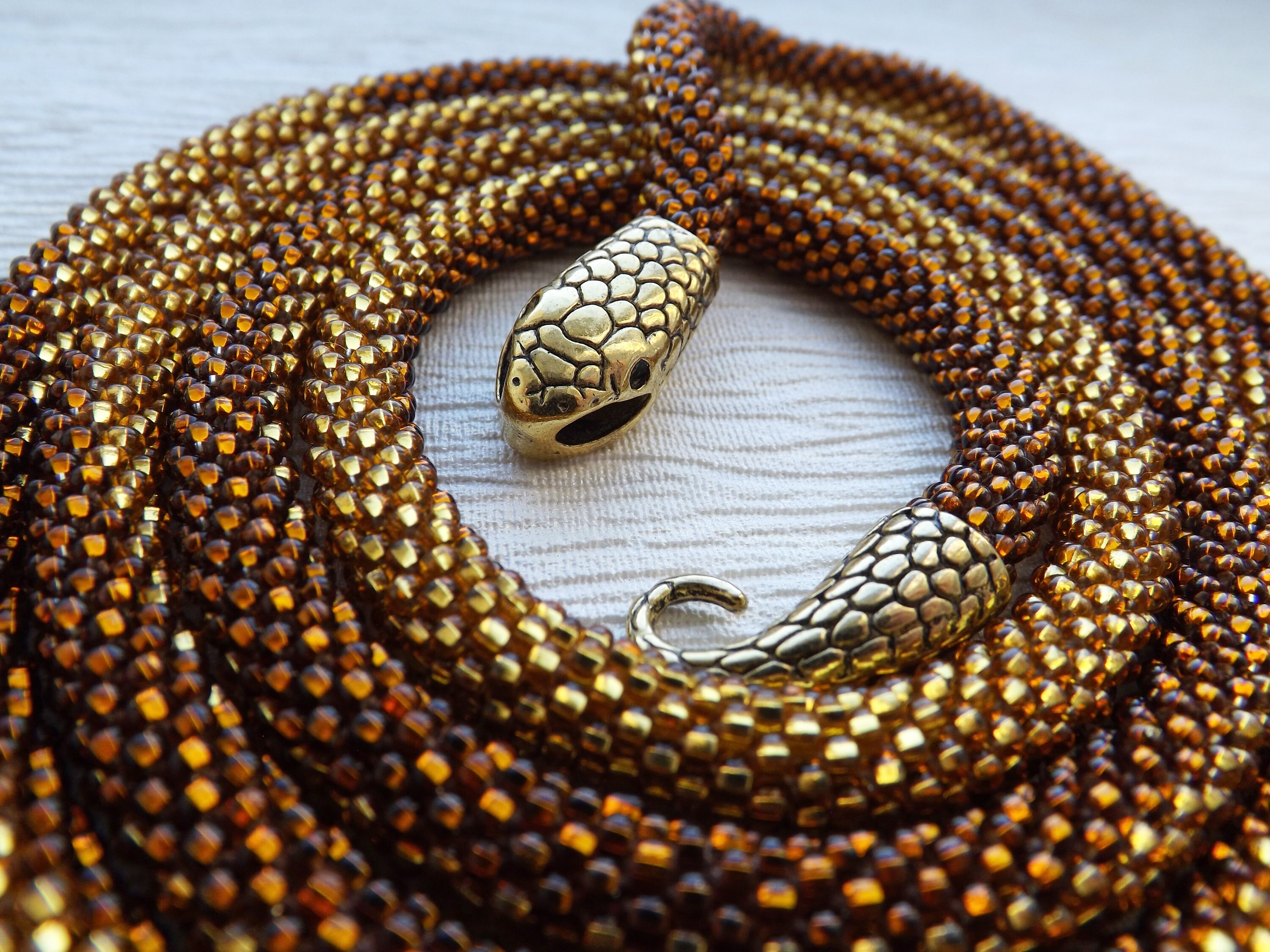 Beaded long necklace Gold snake necklace Handmade jewelry | Etsy