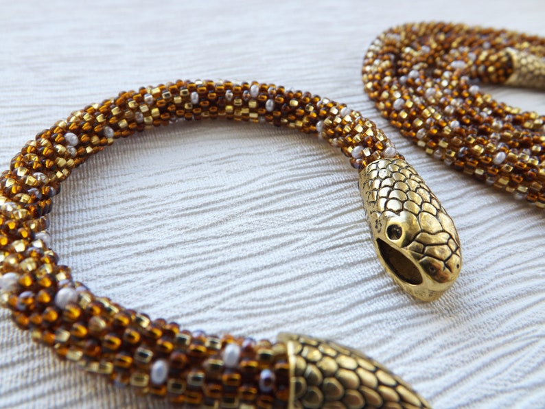 Gold Snake Jewelry Set, Beaded Gold Snake Necklace, Gold Seed Bead ...