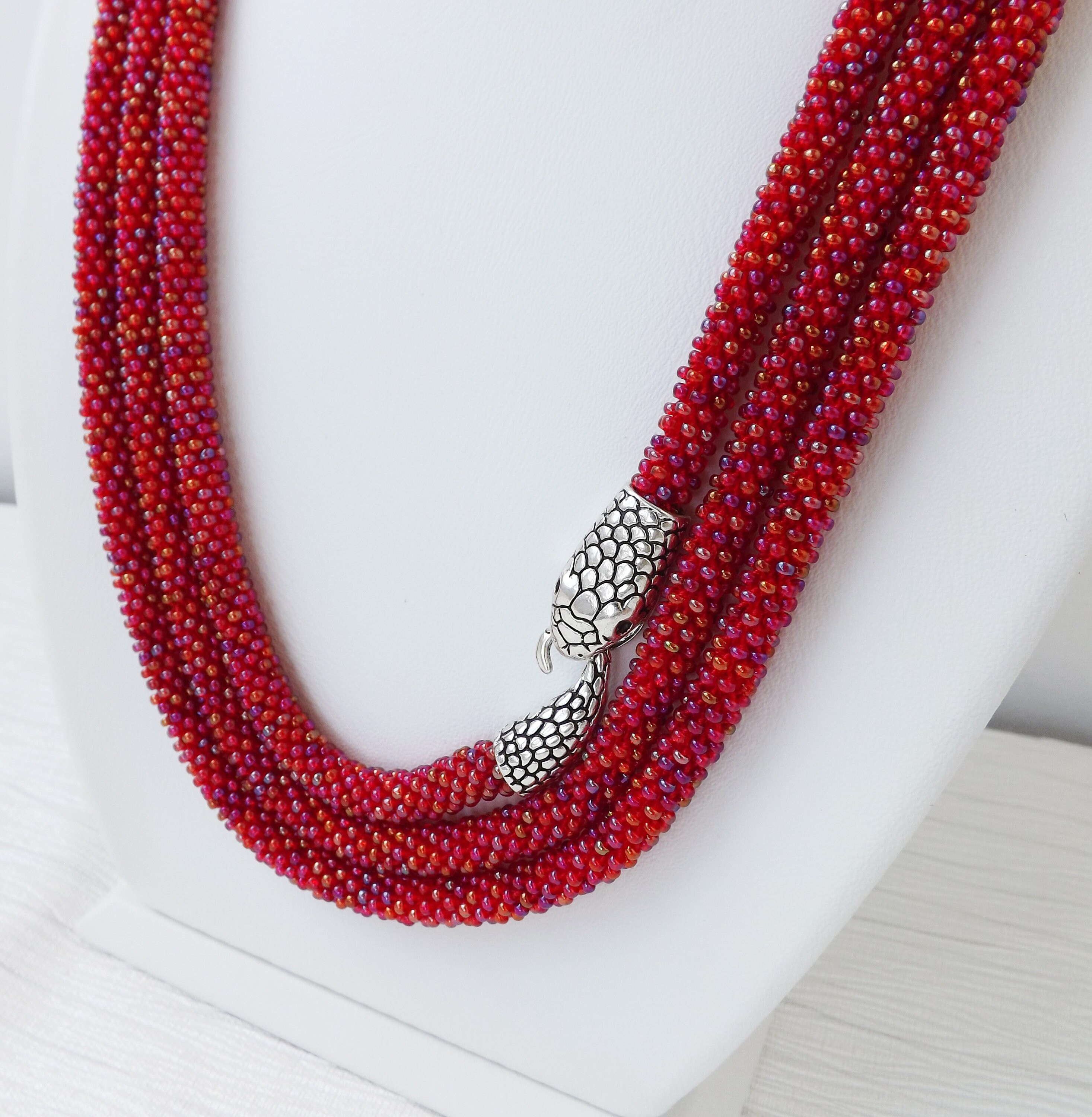 Red snake necklace Red statement necklace Red long necklace | Etsy