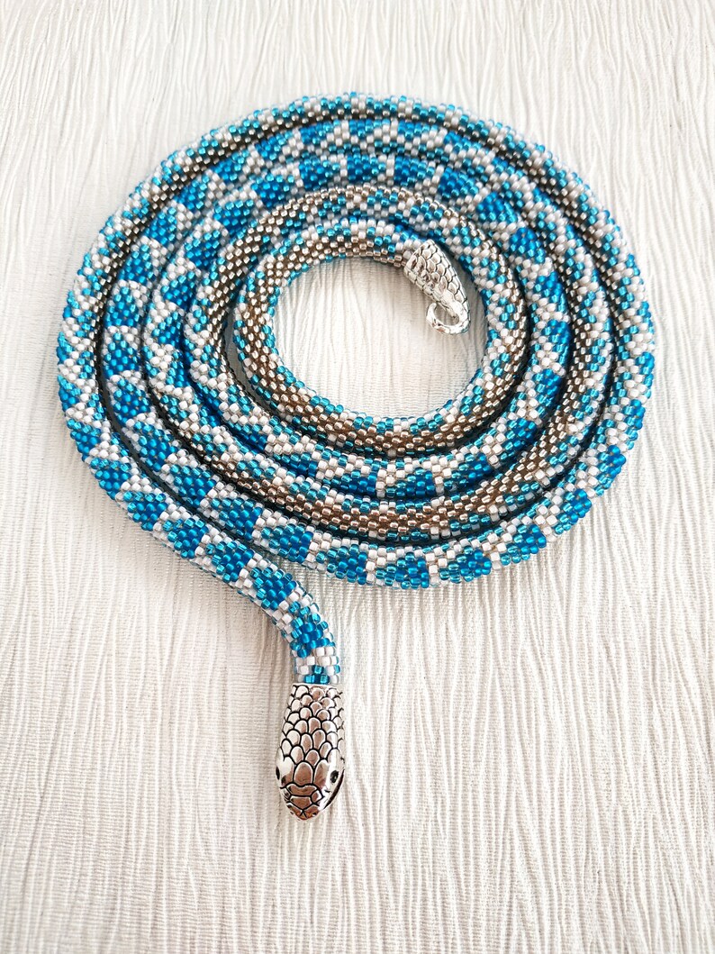 Silver Snake Necklace Long Beaded Necklace Serpent Necklace | Etsy