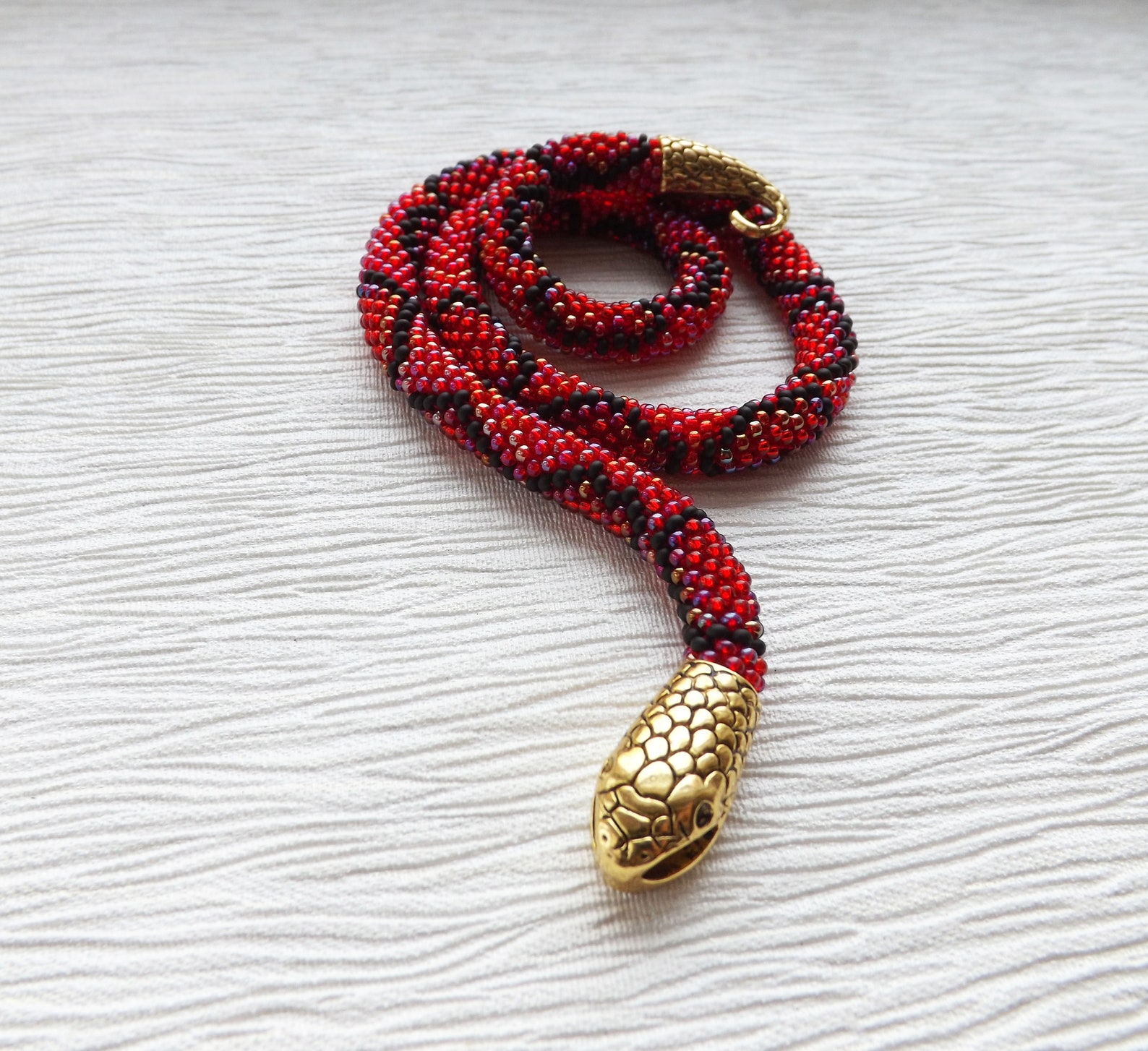 Red Statement Necklace, Beaded Snake Necklace, Red Bead Necklace, Seed ...