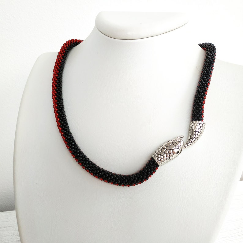 Red and Black Snake Necklace, Seed Bead Necklace, Snake Jewelry ...