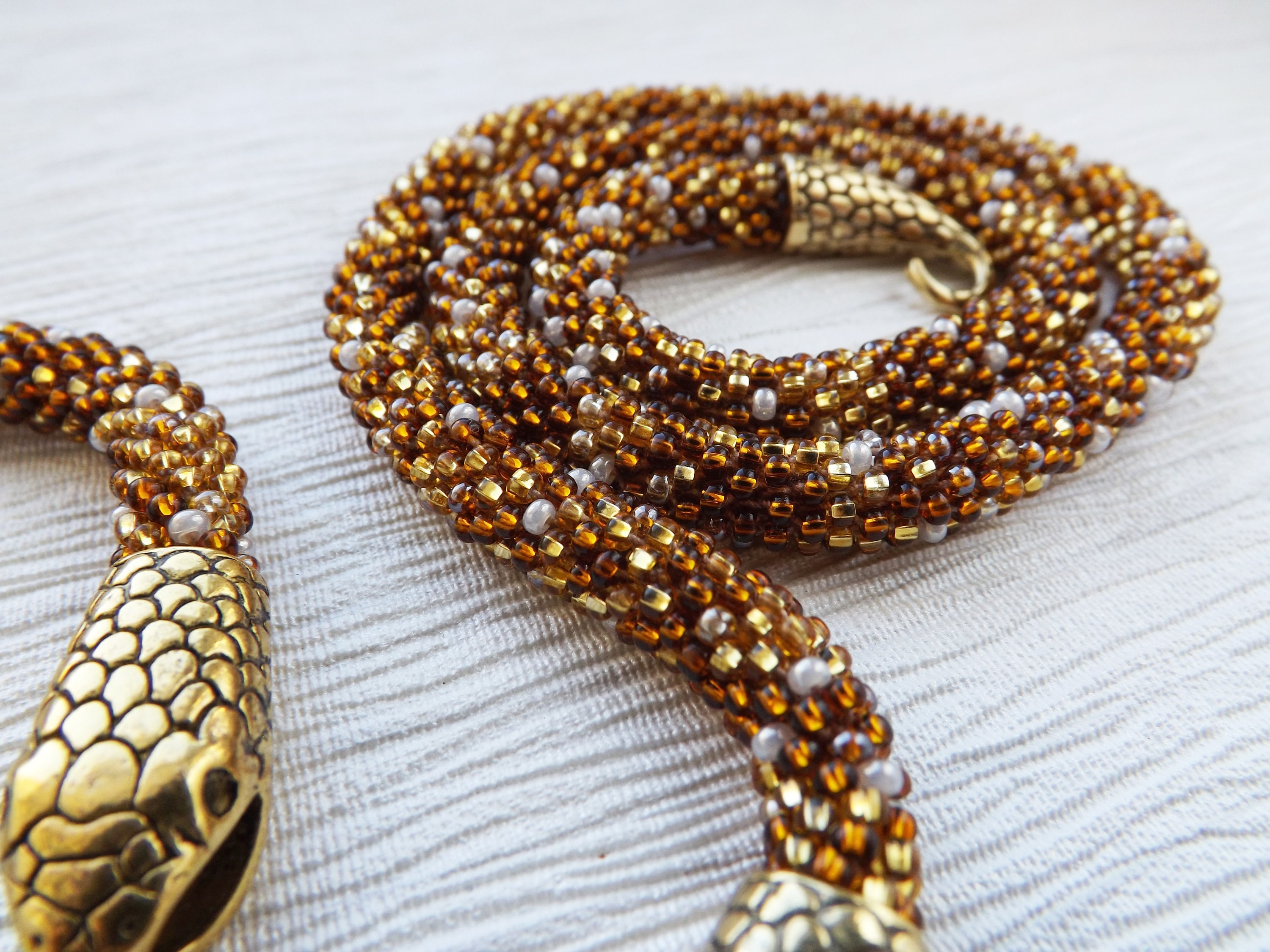 Gold snake jewelry set Beaded gold snake necklace Gold seed | Etsy