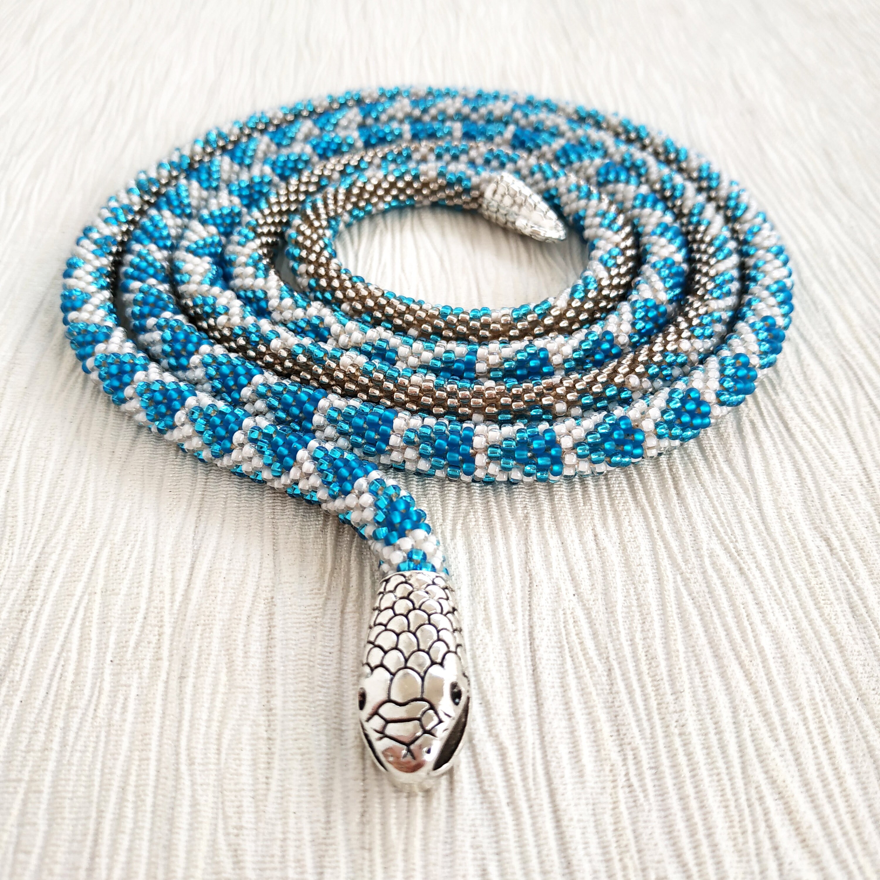 Silver Snake Necklace Long Beaded Necklace Serpent Necklace | Etsy