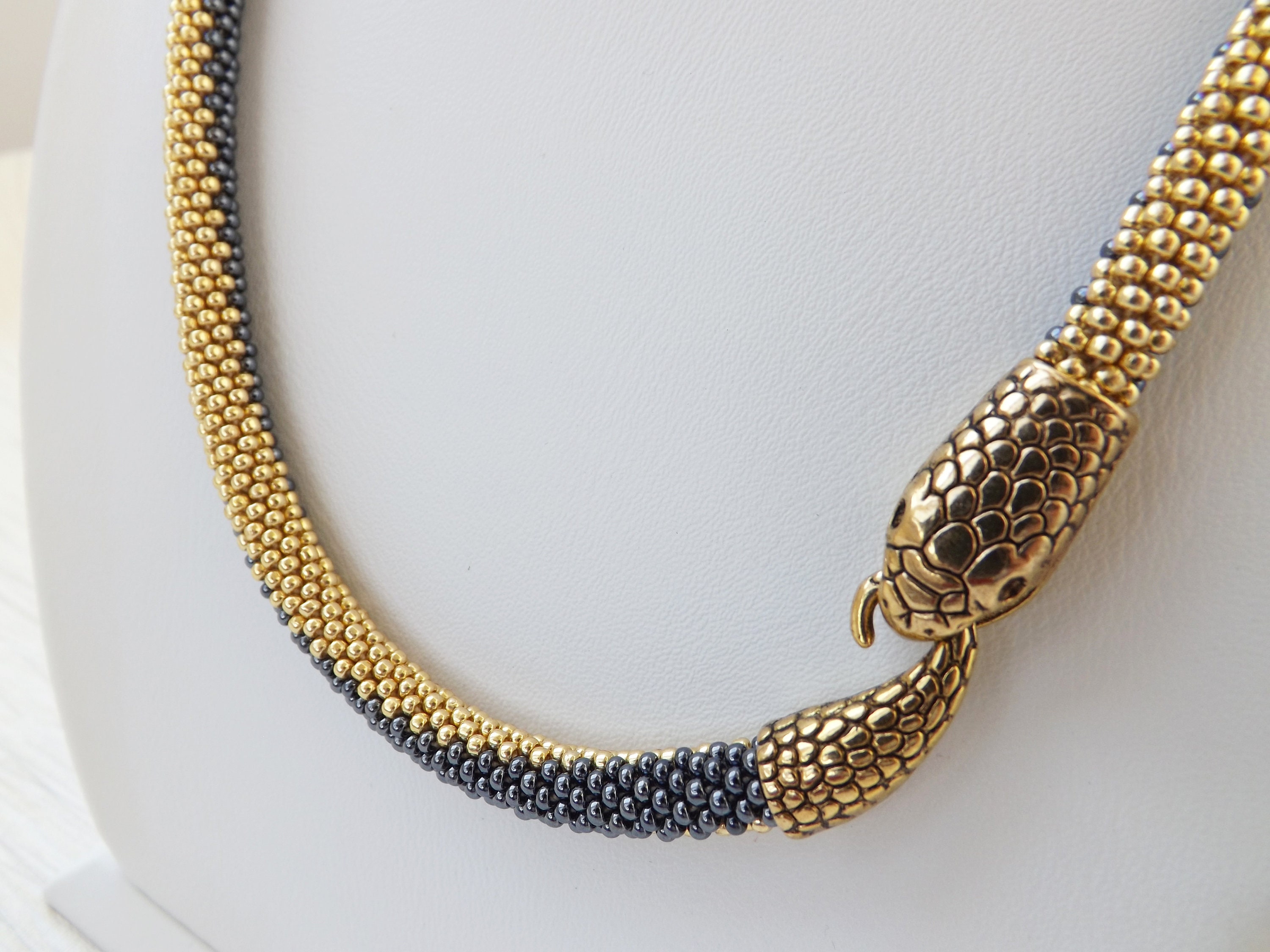 Snake Necklace Gold, Snake Choker, Beaded Unique Necklace, Statement ...