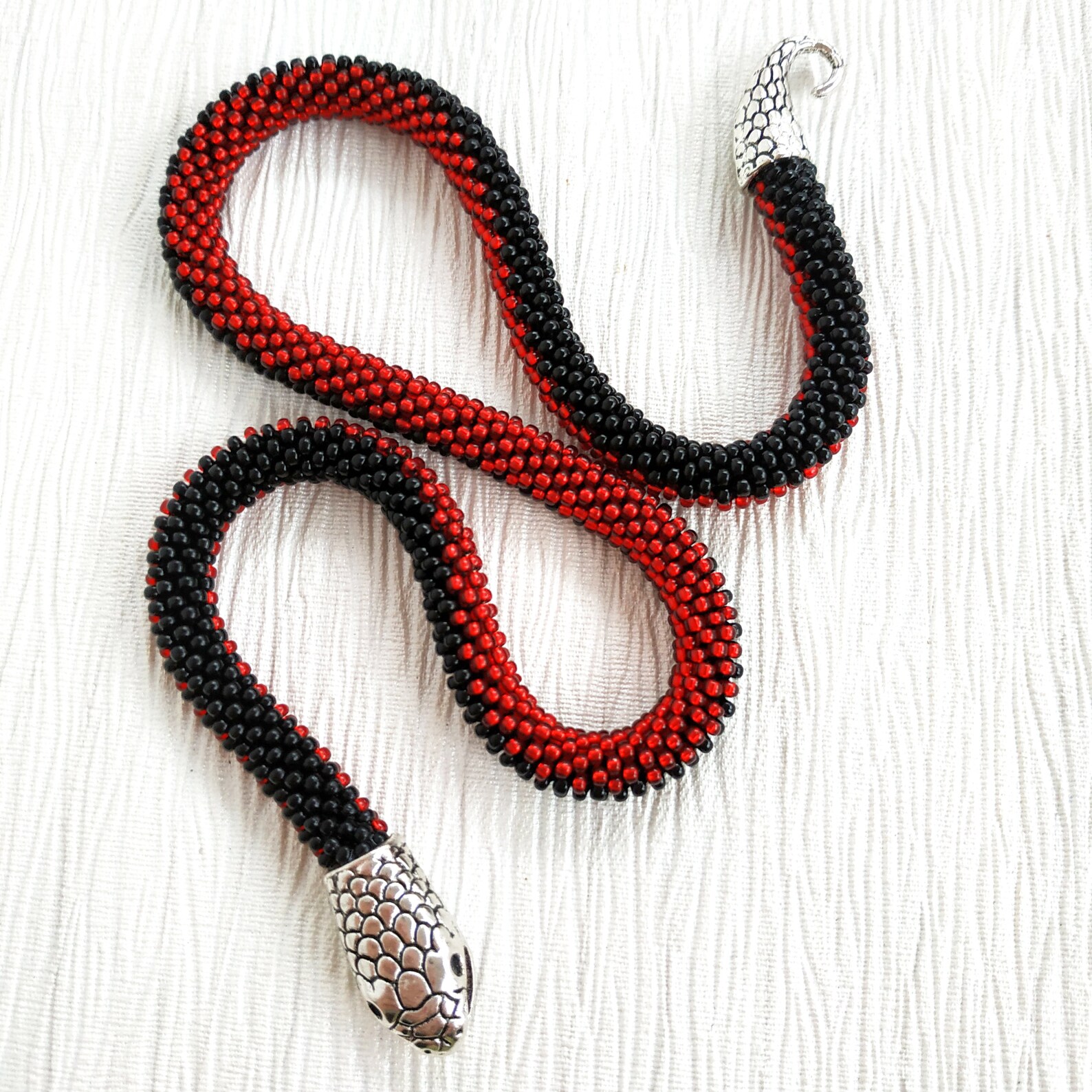 Red and Black Snake Necklace, Seed Bead Necklace, Snake Jewelry ...