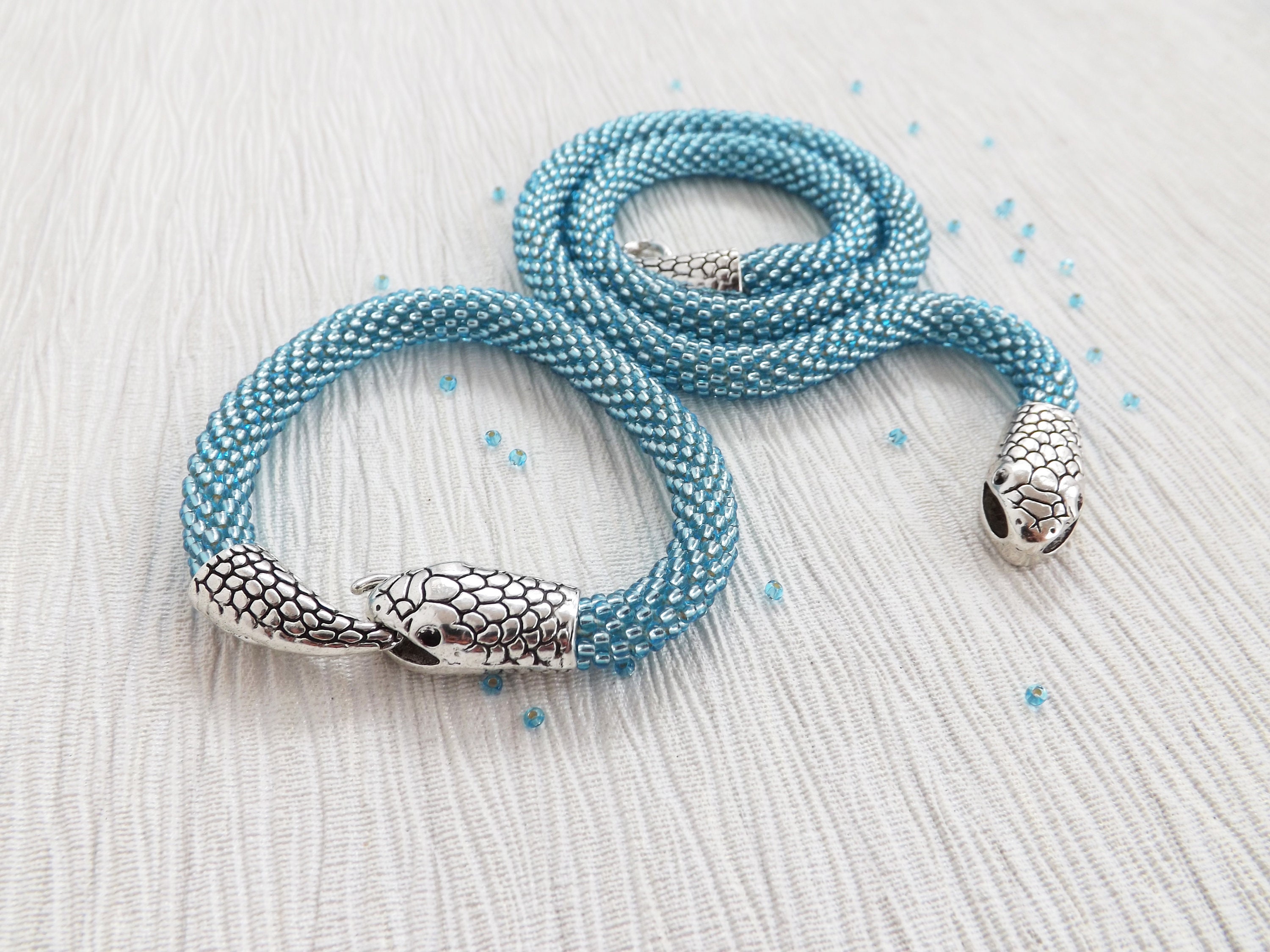 Snake Jewelry Set, Snake Bead Necklace, Snake Choker, Blue Bead ...