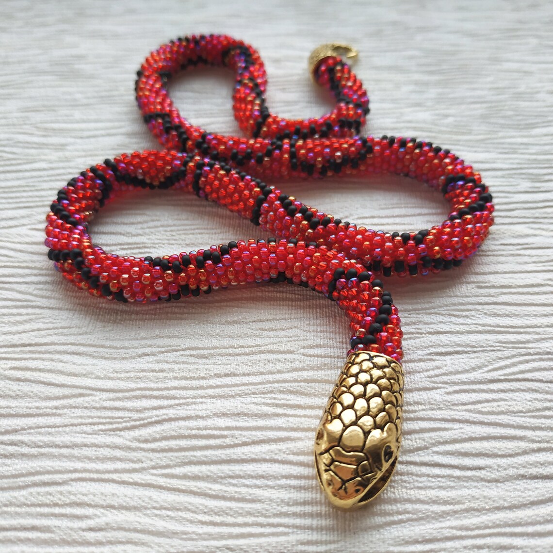 Red statement necklace Beaded snake necklace Red bead | Etsy
