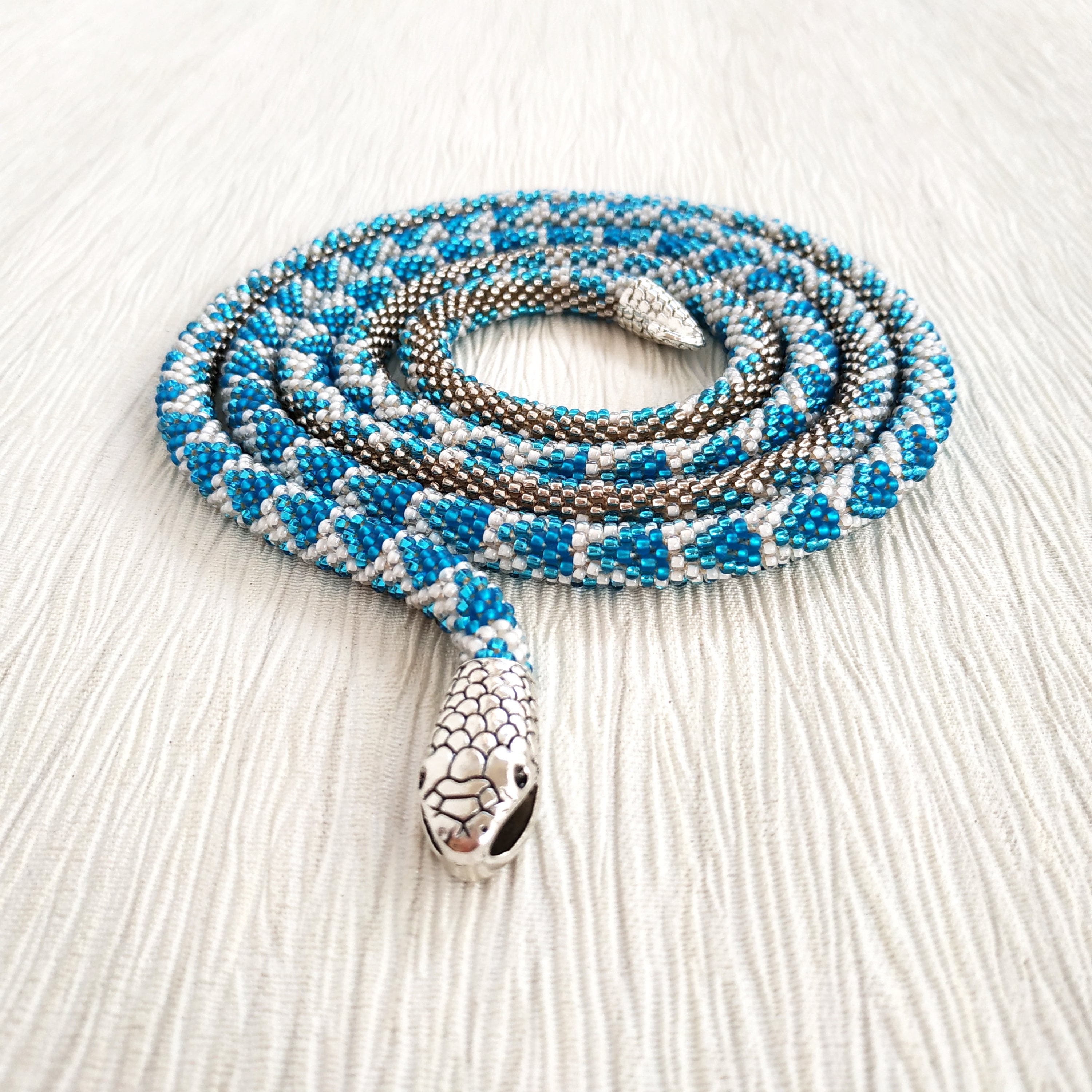 Silver Snake Necklace Long Beaded Necklace Serpent Necklace | Etsy