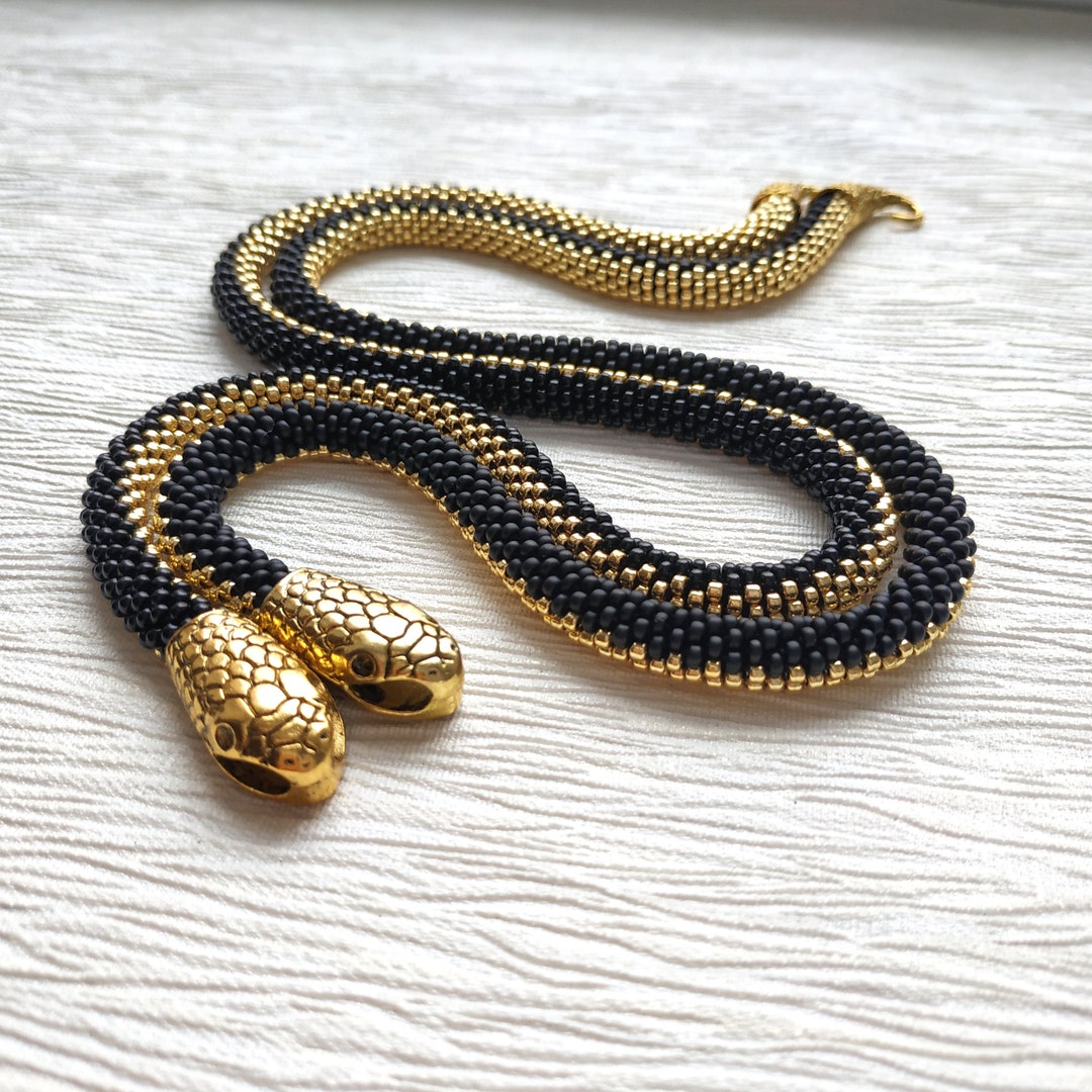 Beaded Snake Necklace, Black and Gold Necklace, Snake Choker Necklace ...