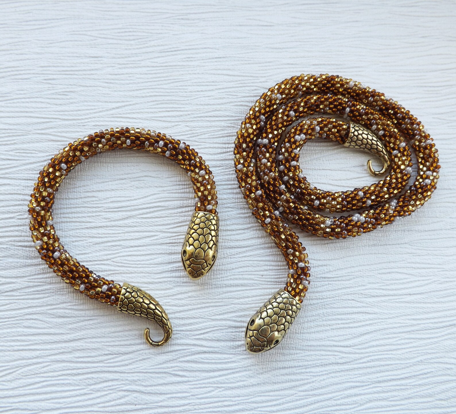 Gold Snake Jewelry Set, Beaded Gold Snake Necklace, Gold Seed Bead ...