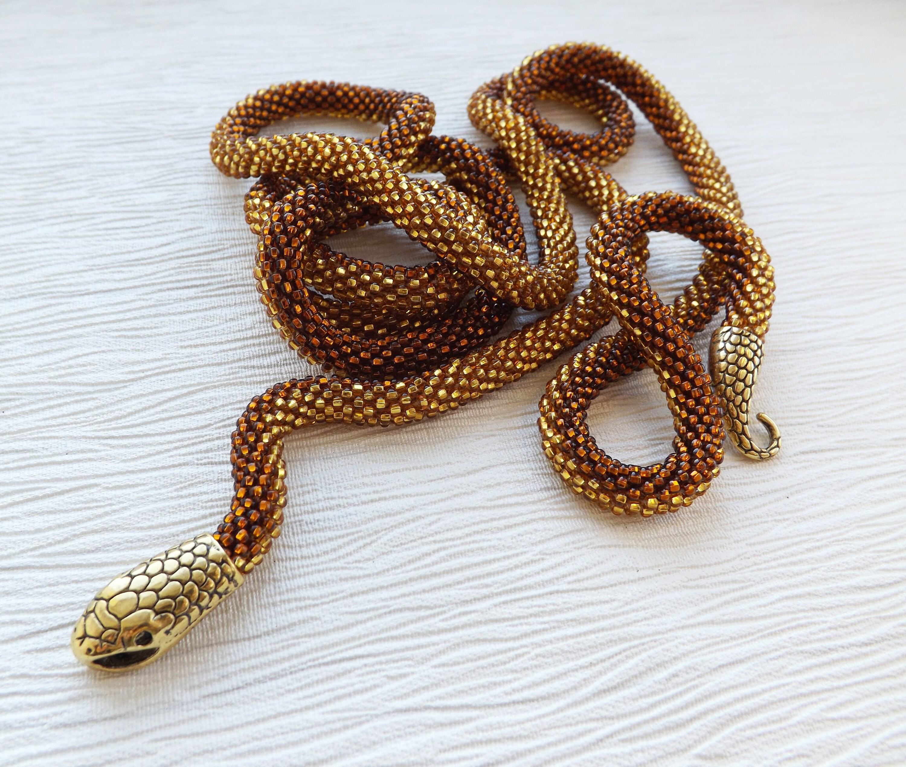 Beaded long necklace Gold snake necklace Handmade jewelry | Etsy
