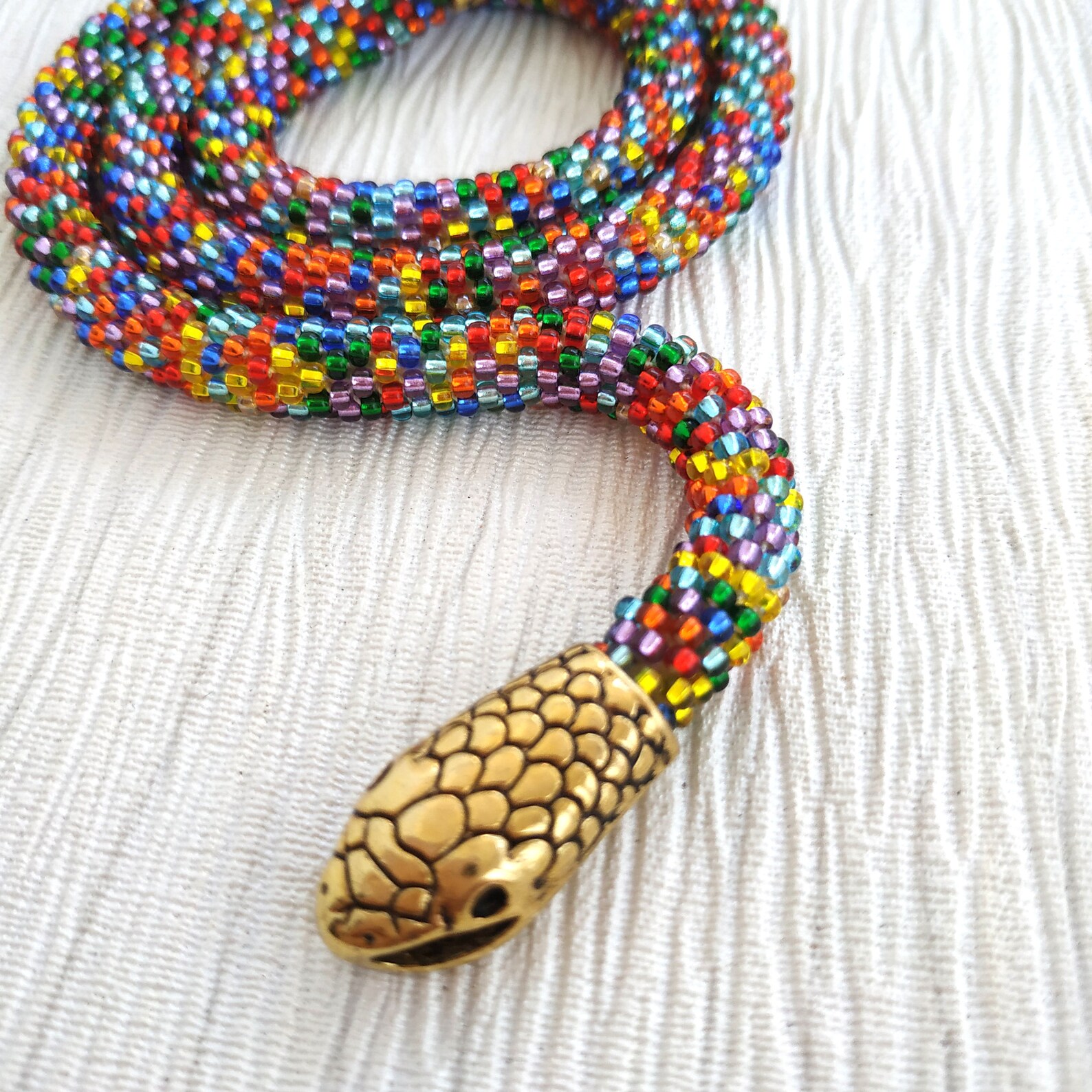 Beaded Snake Necklace, Statement Rainbow Necklace, Snake Choker, Wrap ...