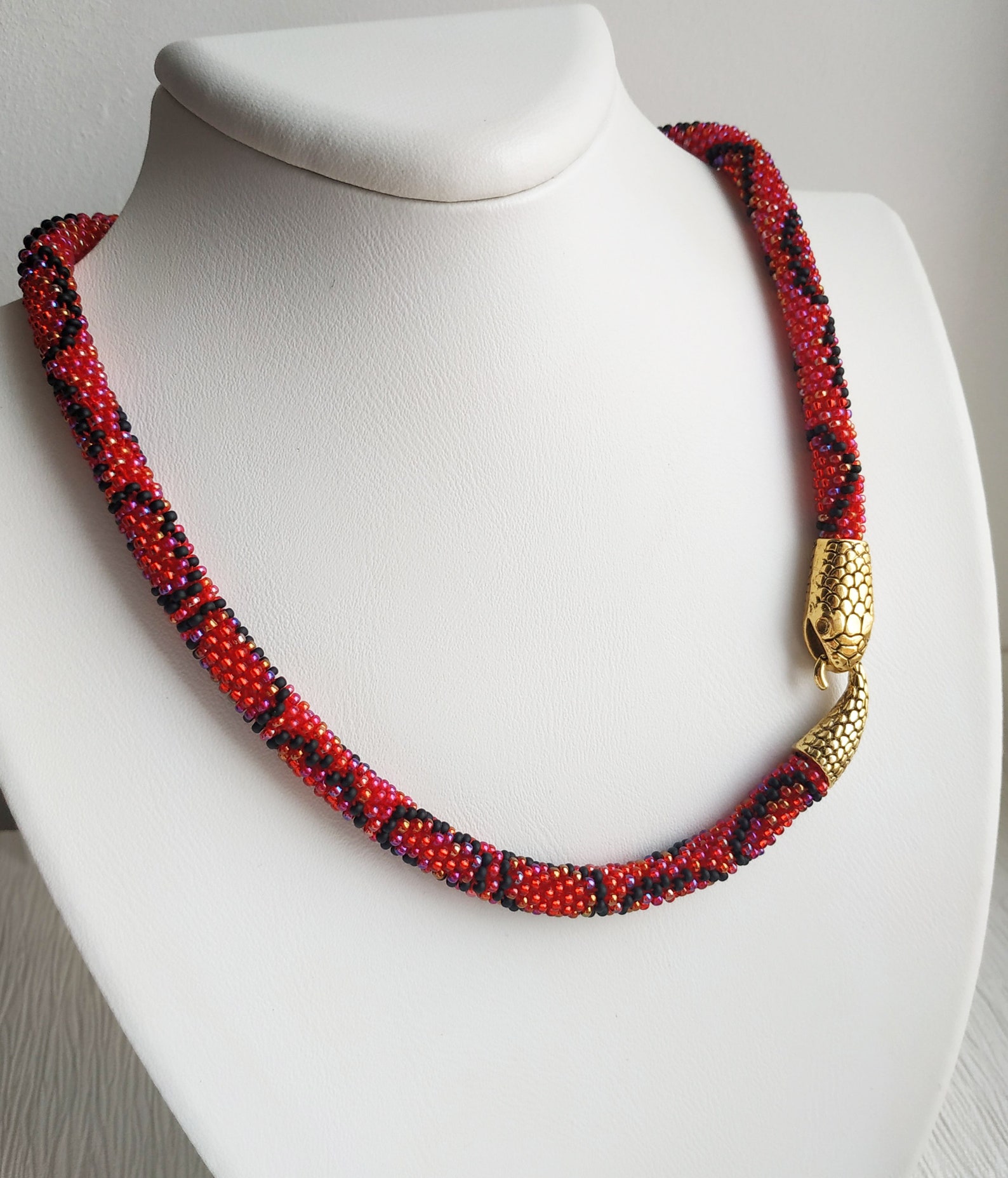 Red Statement Necklace, Beaded Snake Necklace, Red Bead Necklace, Seed ...