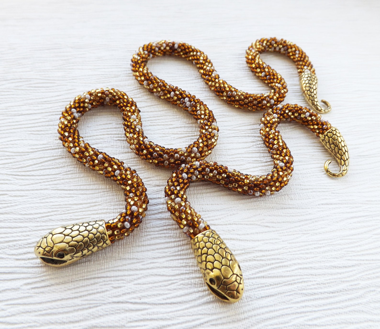 Gold Snake Jewelry Set, Beaded Gold Snake Necklace, Gold Seed Bead ...