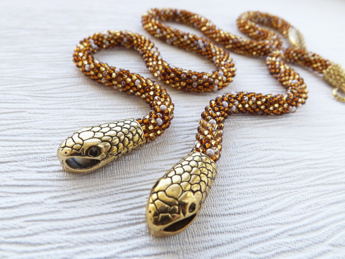 Gold Snake Jewelry Set, Beaded Gold Snake Necklace, Gold Seed Bead ...