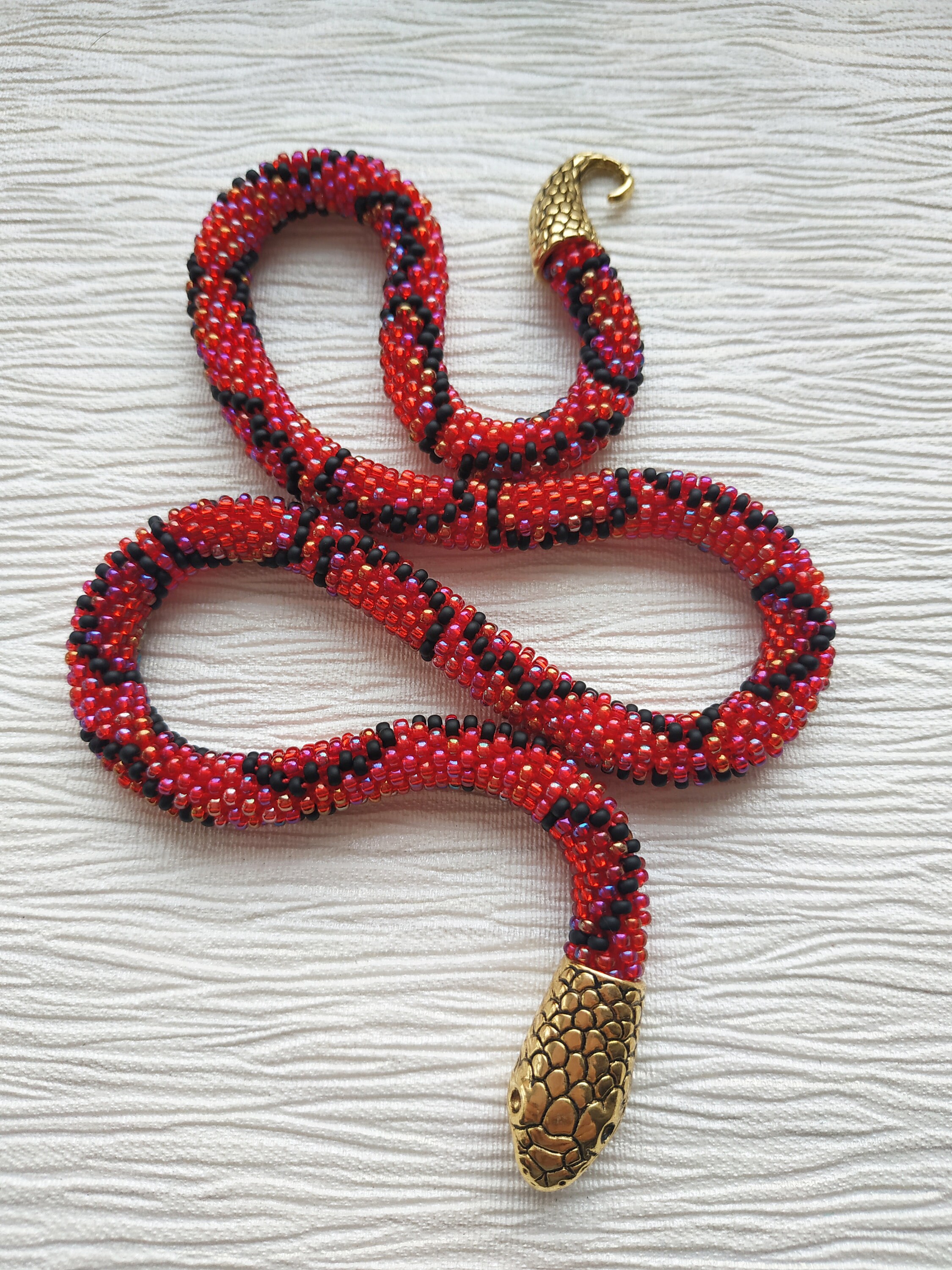 Red Statement Necklace, Beaded Snake Necklace, Red Bead Necklace, Seed ...