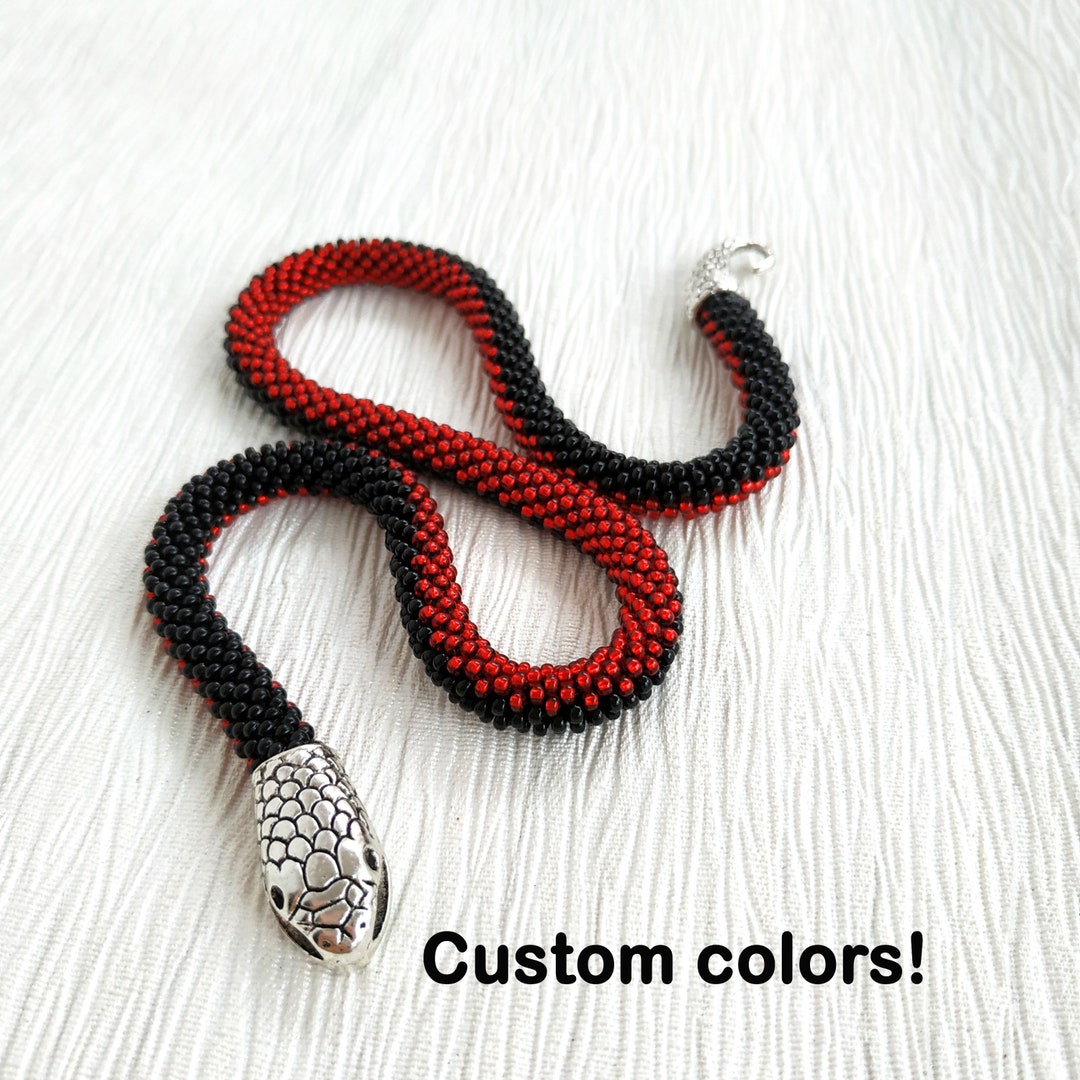 Red and Black Snake Necklace, Seed Bead Necklace, Snake Jewelry ...