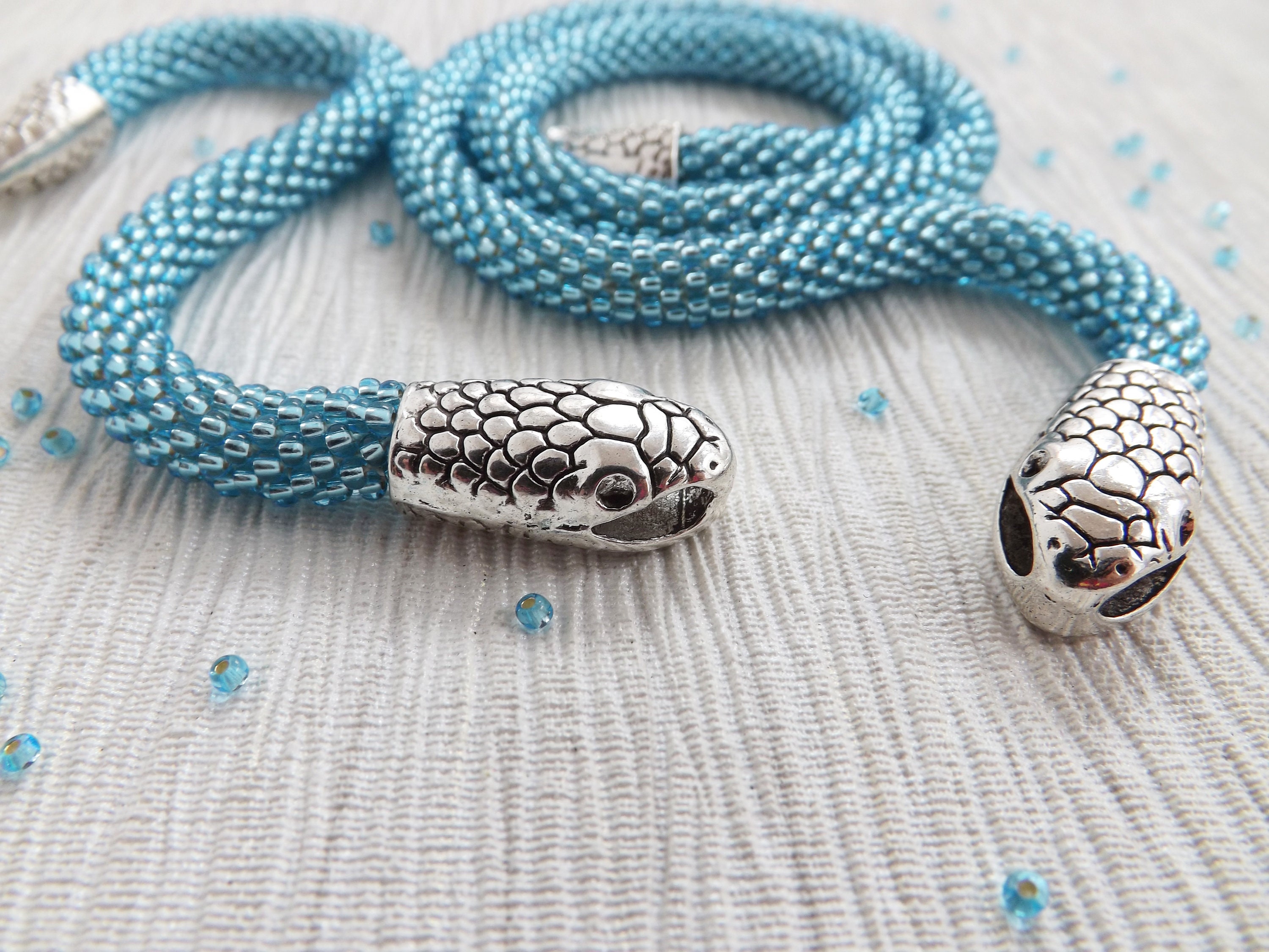 Snake Jewelry Set, Snake Bead Necklace, Snake Choker, Blue Bead ...