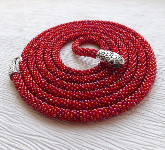 Red snake necklace Red statement necklace Red long necklace | Etsy