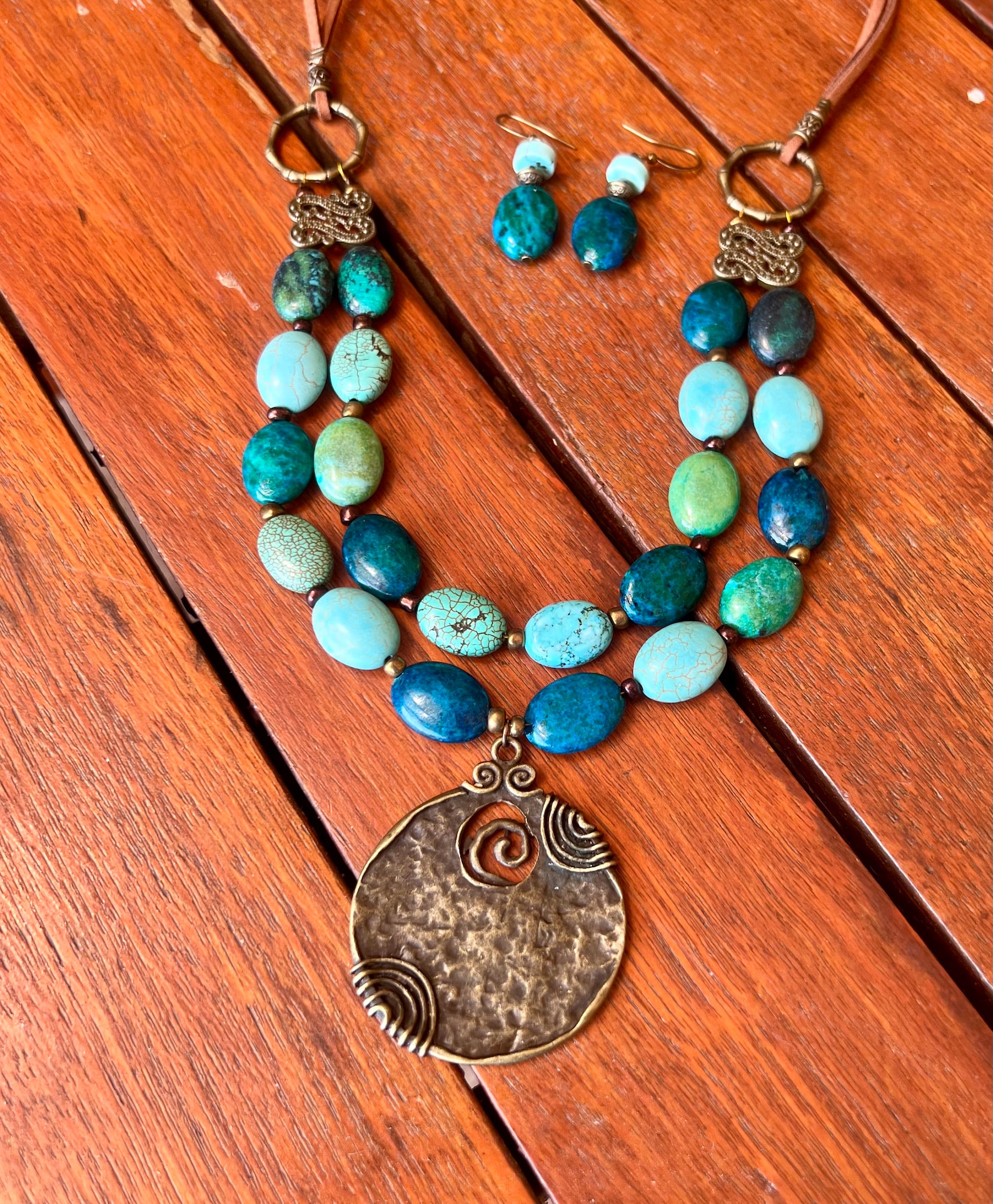 Statement Turquoise Necklace and Earrings, Turquoise Boho Jewelry Set ...