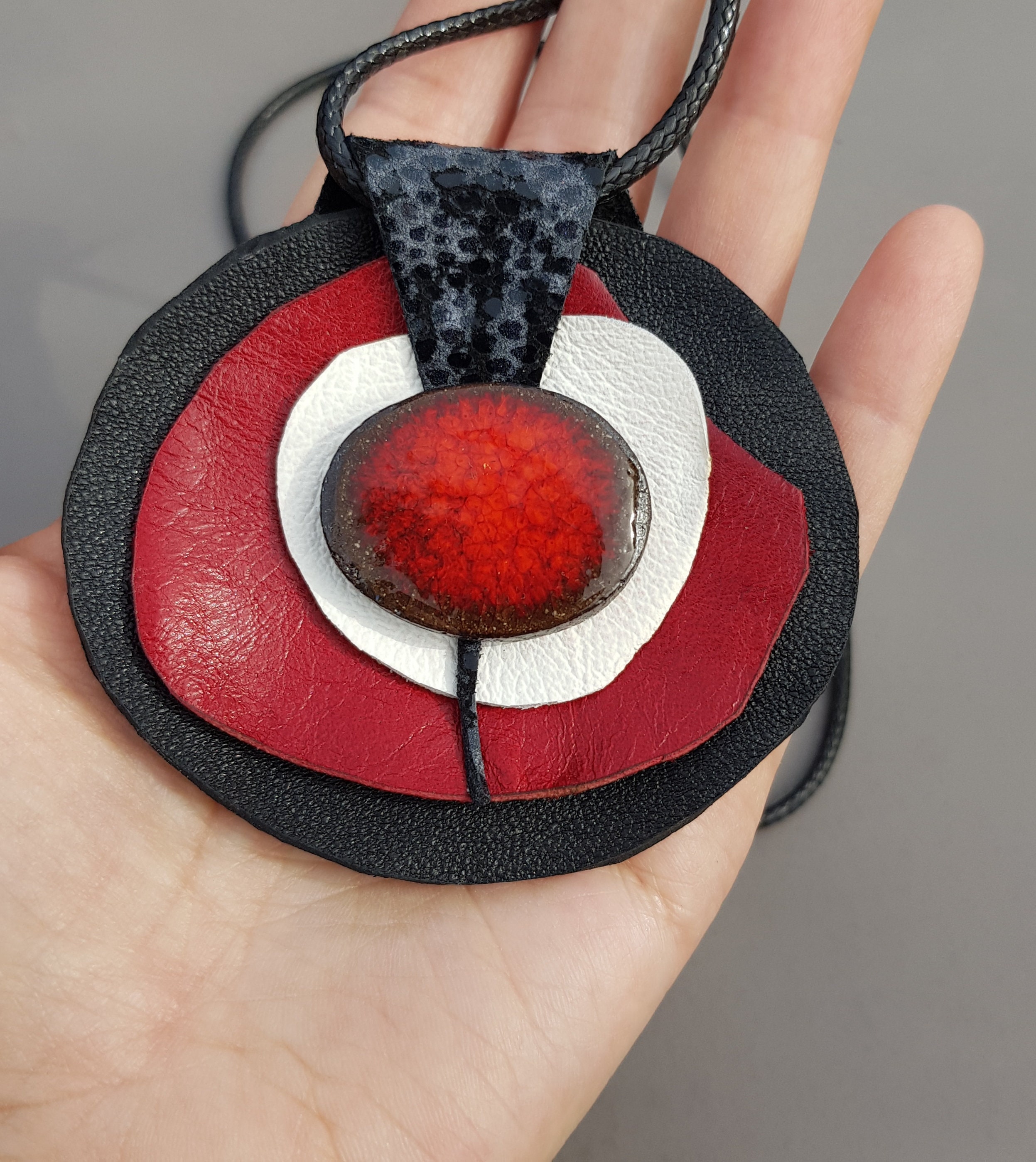 Black Red Big Pendant Necklace, Leather Red Necklace, Statement Artisan ...