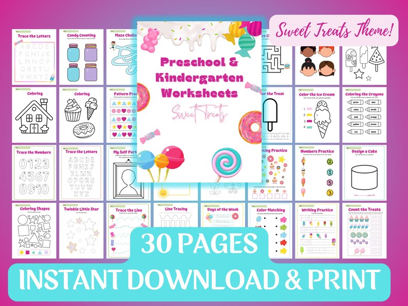 Preschool Kindergarten Worksheets Bundle, 30 Pages, Activity Workbook ...