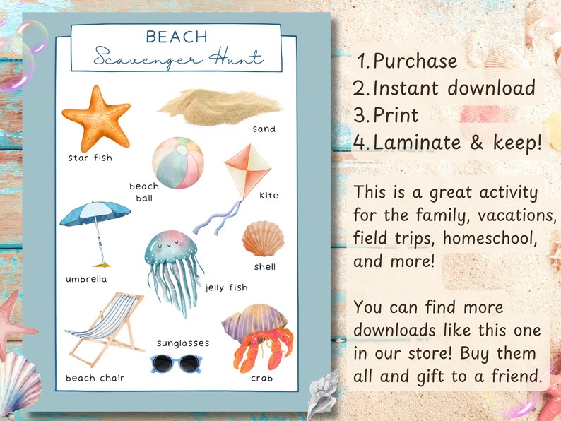 Beach Scavenger Hunt, Scavenger Hunt for Kids, Beach Activity, Vacation ...