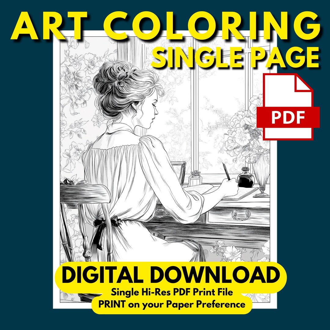 Impressionist Woman at Desk Coloring Page: Elegant Line Art (digital ...