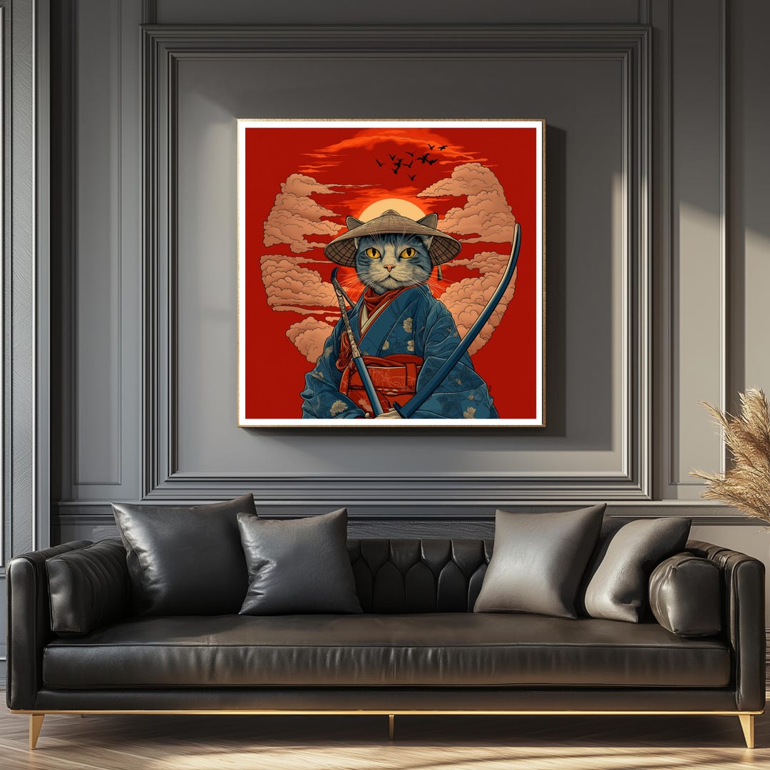 Retro Shogun Cat With Swords Wall Print – Red Kimono, Archival Fine Art ...