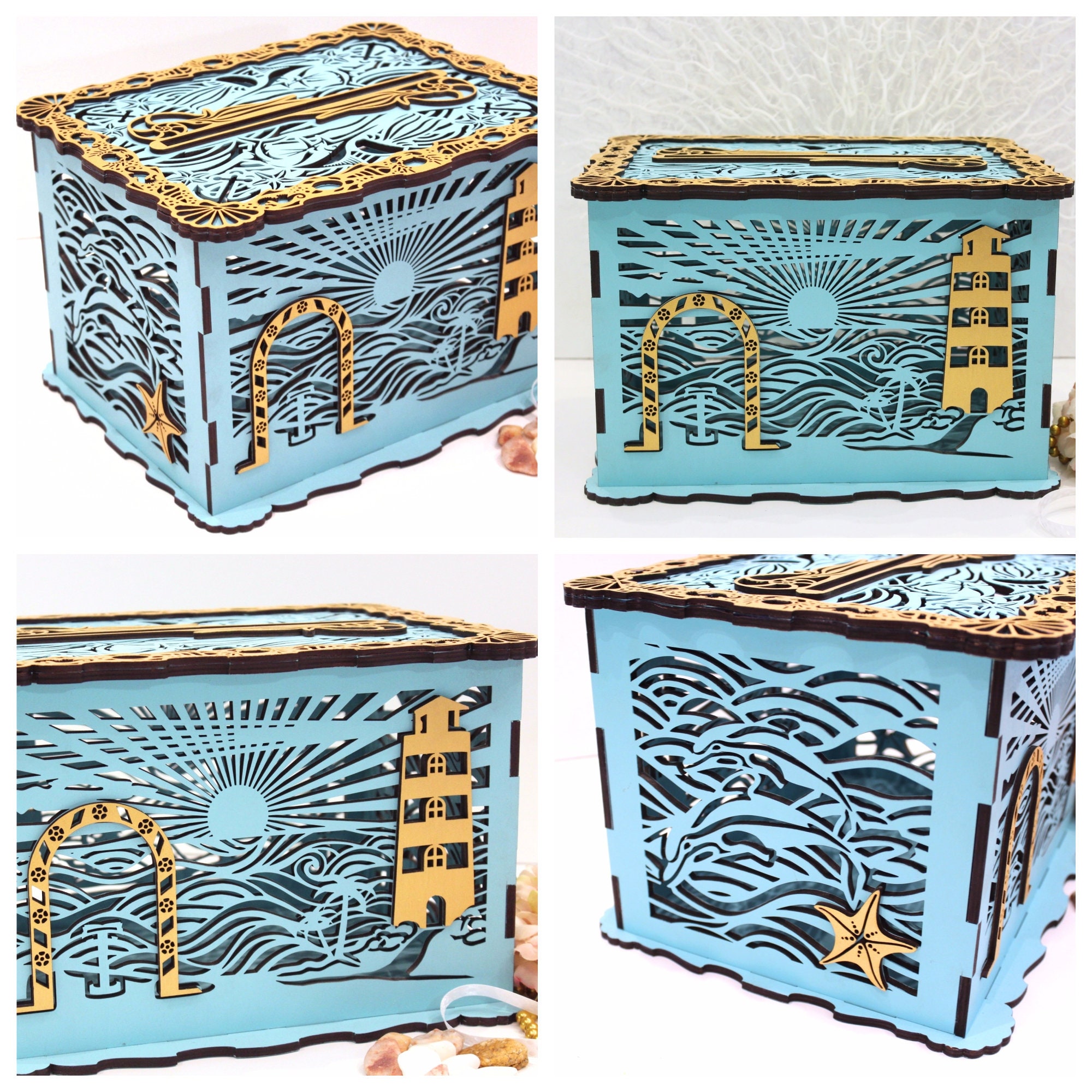 Marine Tropical Beach Wedding Card Box With Lock and Slot, Nautical ...