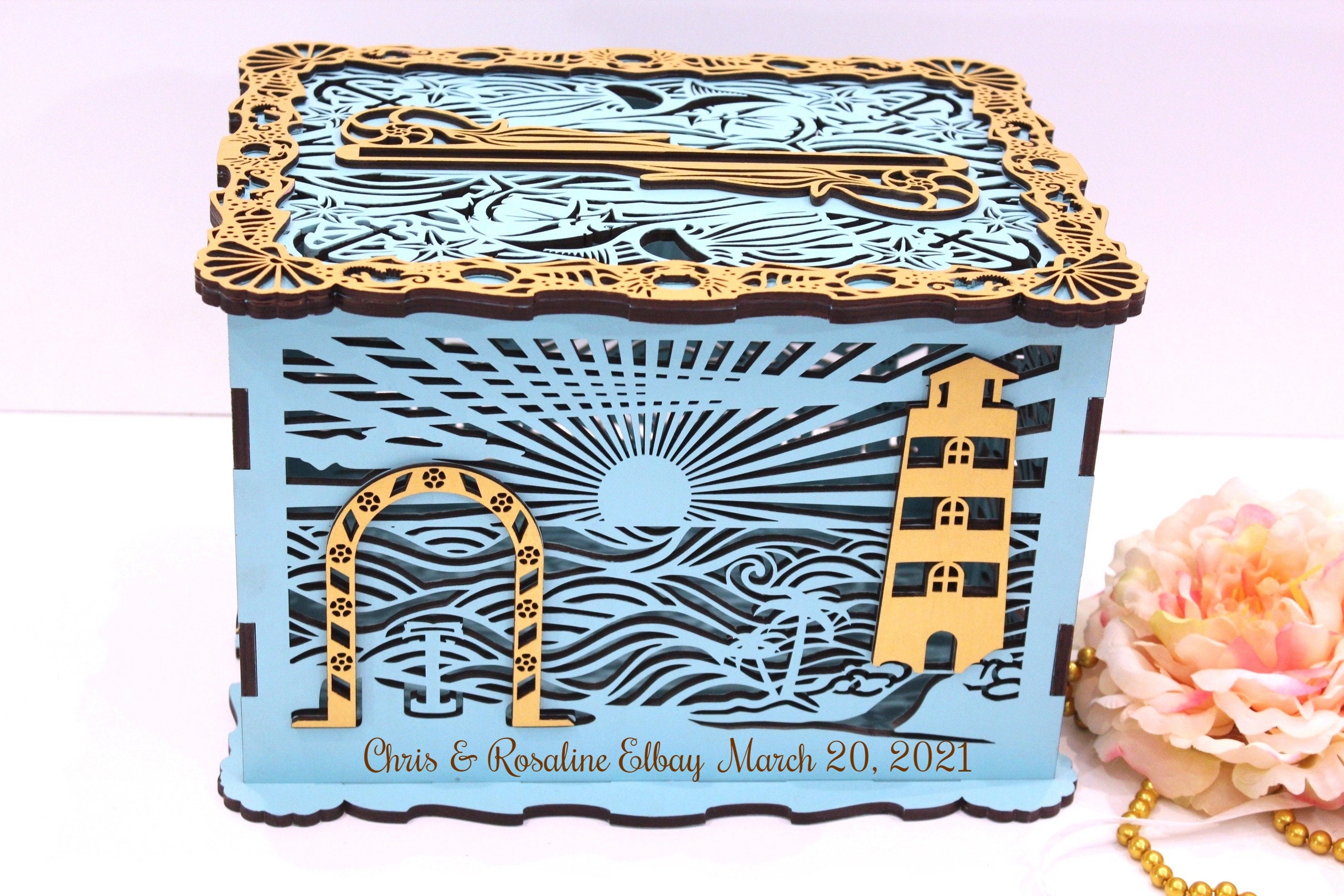 Marine Tropical Beach Wedding Card Box With Lock and Slot | Etsy