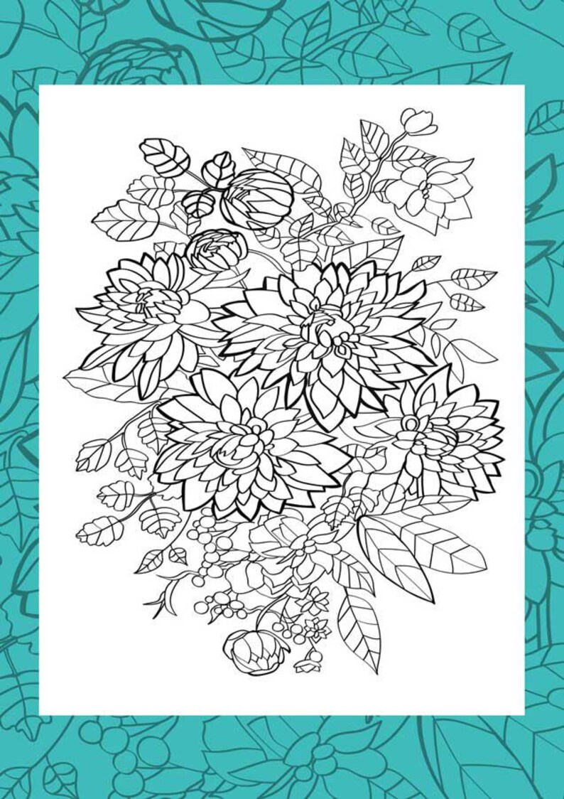 PDF Printable Adult Colouring Page. Georgines, Сhrysanthemums Flowers ...