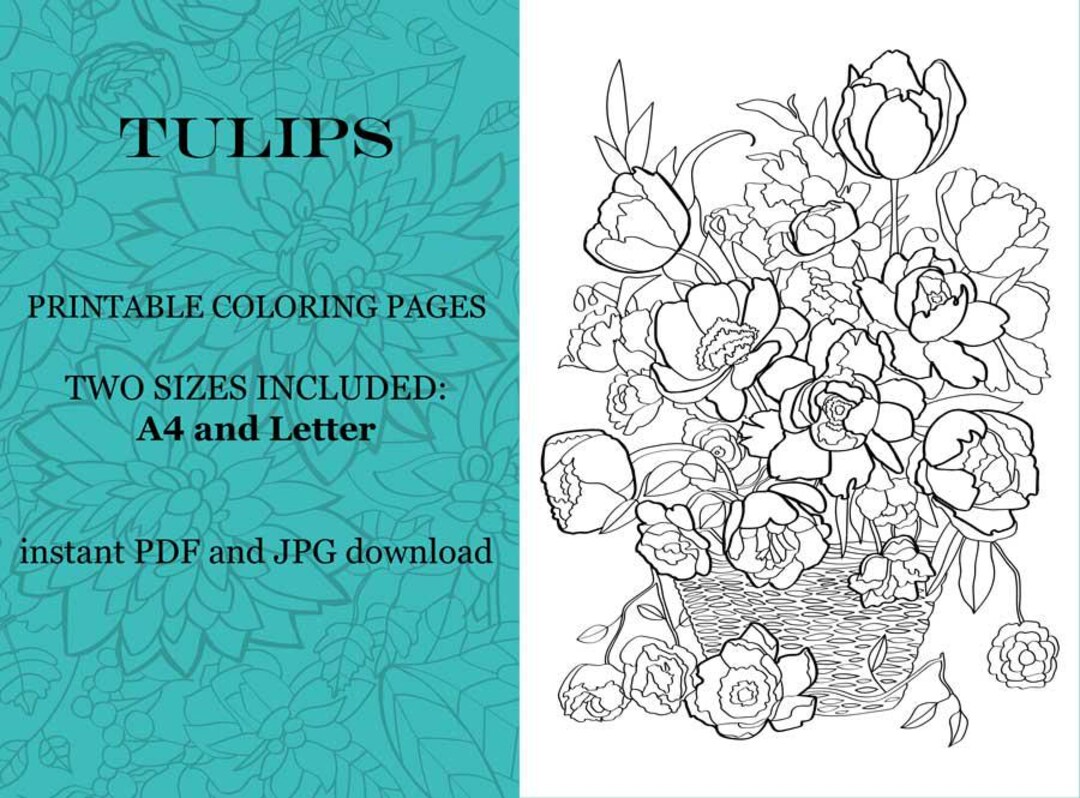 PDF Printable Adult Coloring Page. Tulips Flowers and Leaves Spring and ...