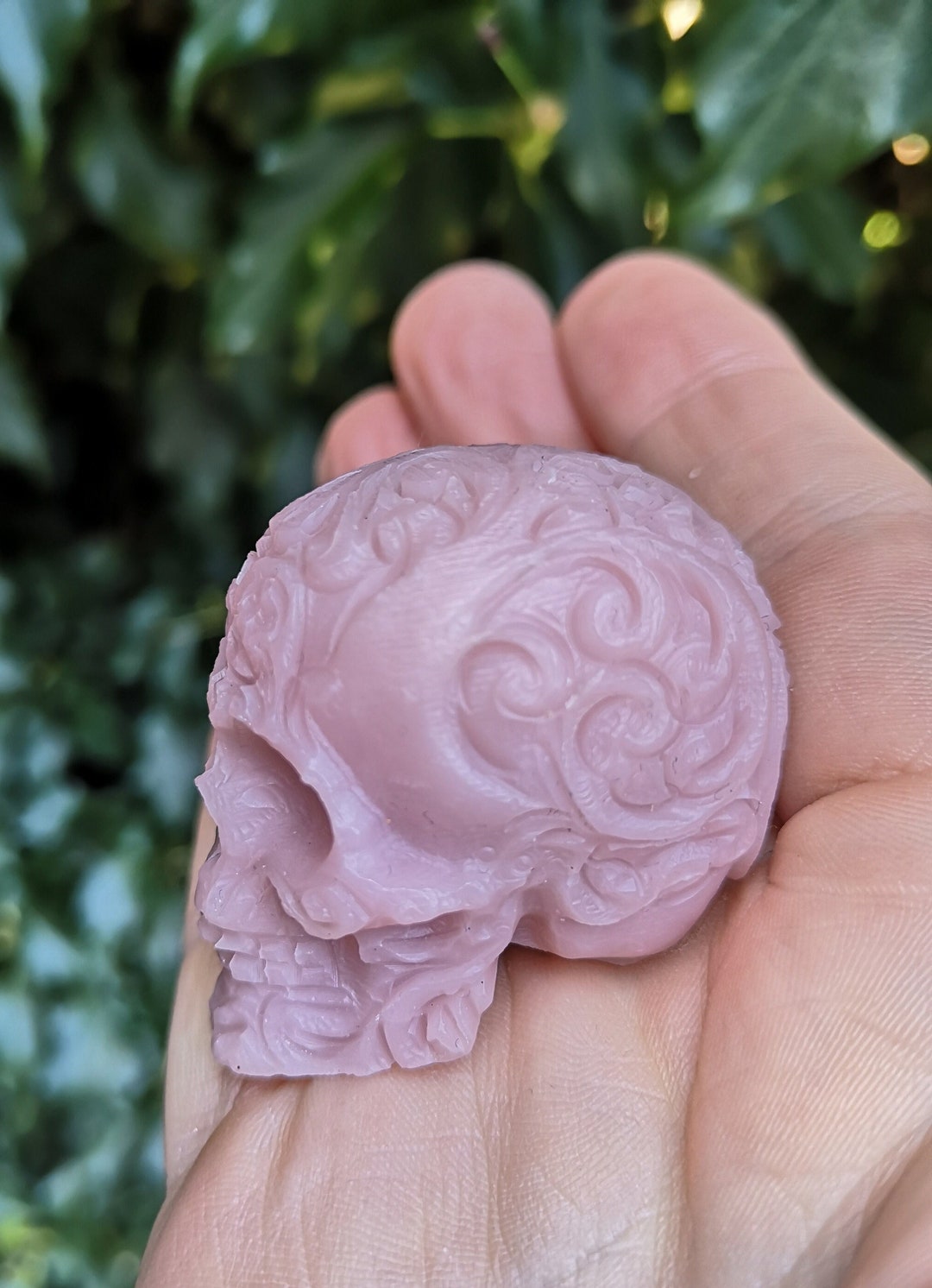 Pink Opal Skull With Gothic Scroll Pattern - Carved Opal Skull 72g With ...