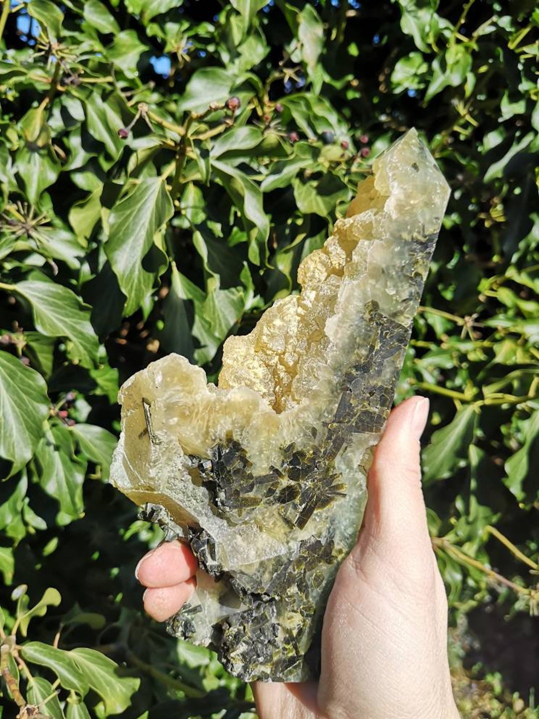 XL Yellow Prehnite With Epidote Crystal Tower & Druzy - 659g Rare Half ...