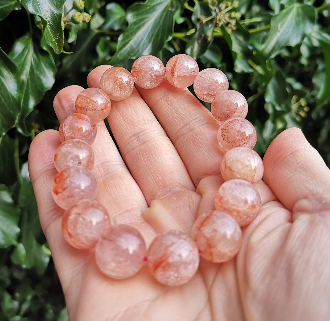 Pink Fire Quartz Bracelet - Rare Colour Fire Quartz in Large 14mm Bead ...