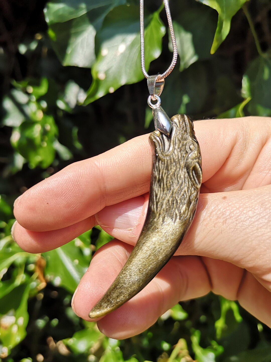 Gold Sheen Obsidian Crystal Wolf Head & Wolf Claw Necklace - Gold ...