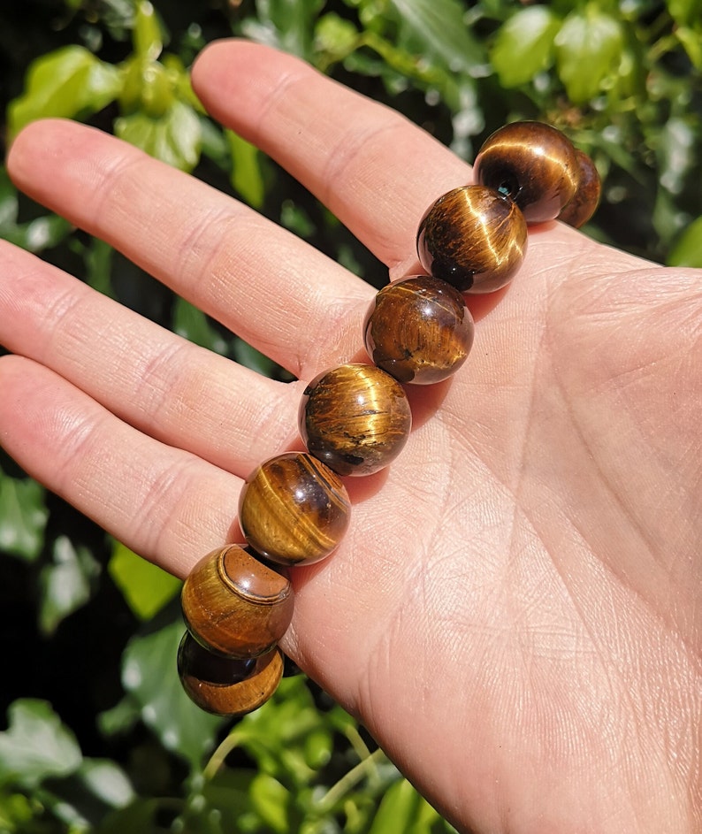 Golden Tiger's Eye Crystal Large Bead Bracelet - Handmade 16mm Gold ...