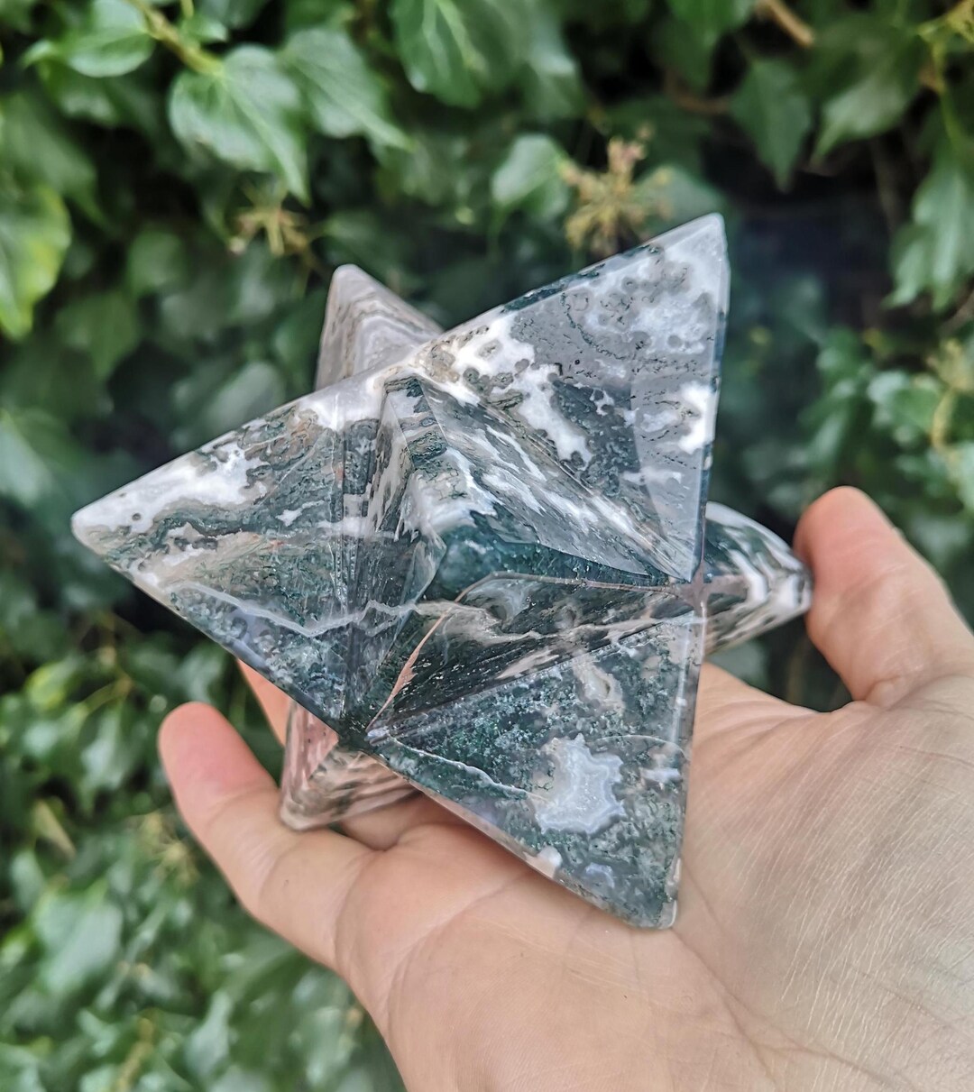 XL Moss Agate Crystal Merkabah - Green & White Druzy Agate Merkabah ...