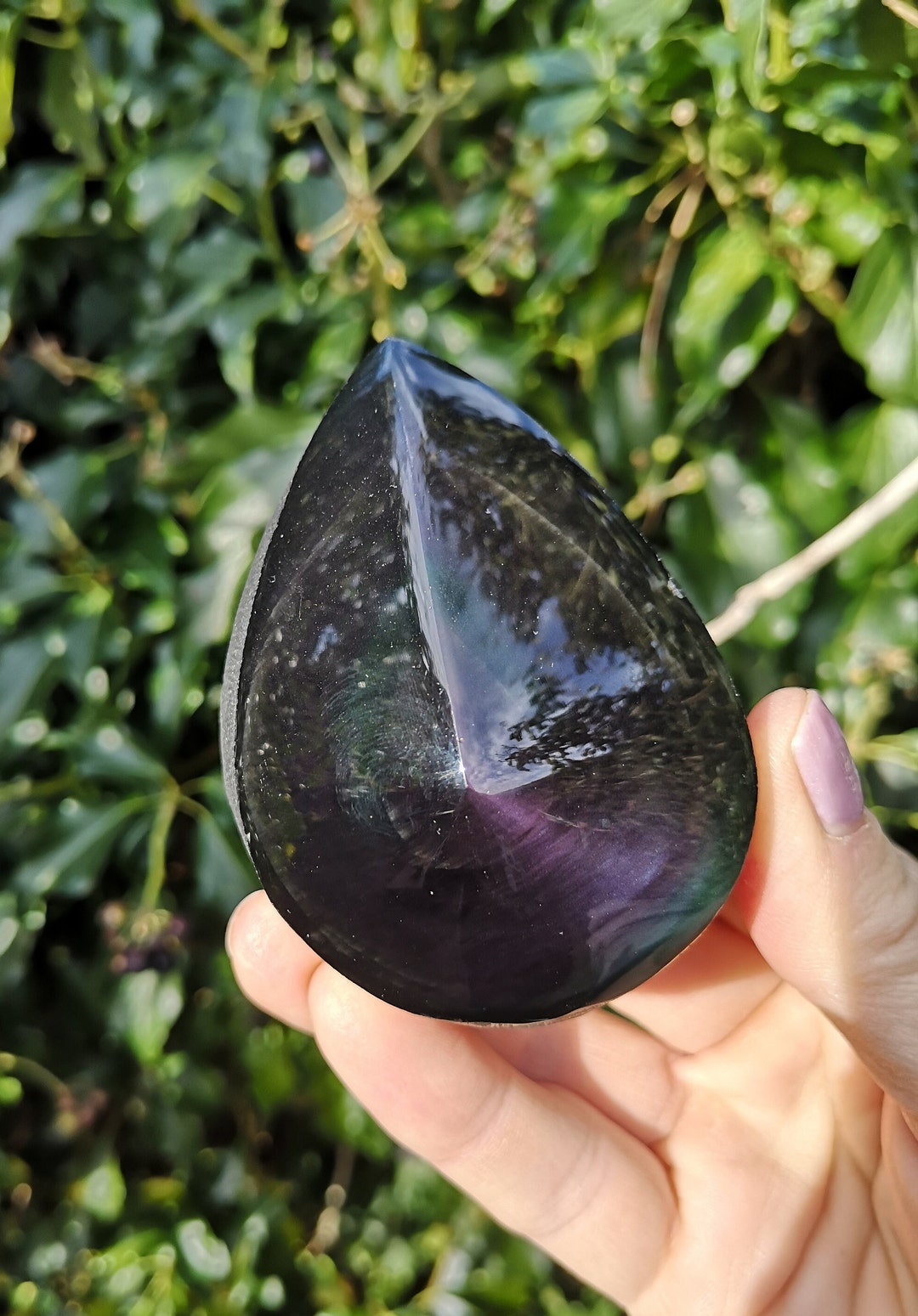 Large Rainbow Obsidian Tear Drop Palm Stone With Raw Rainbow Obsidian Crystal Tear 240g Rainbow ...