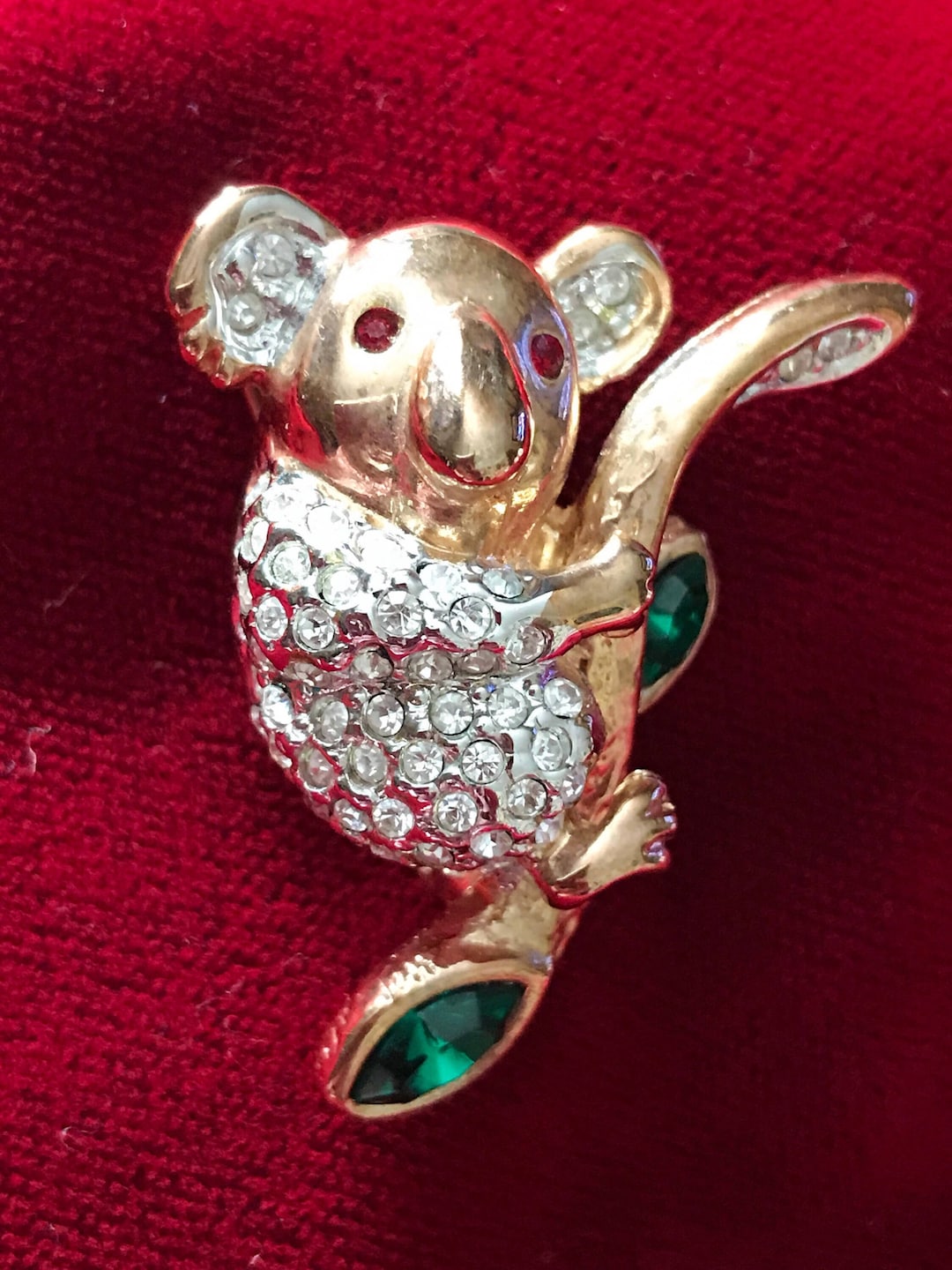Emerald Rhinestone Koala Brooch: Gold Tone Costume Jewelry - Etsy