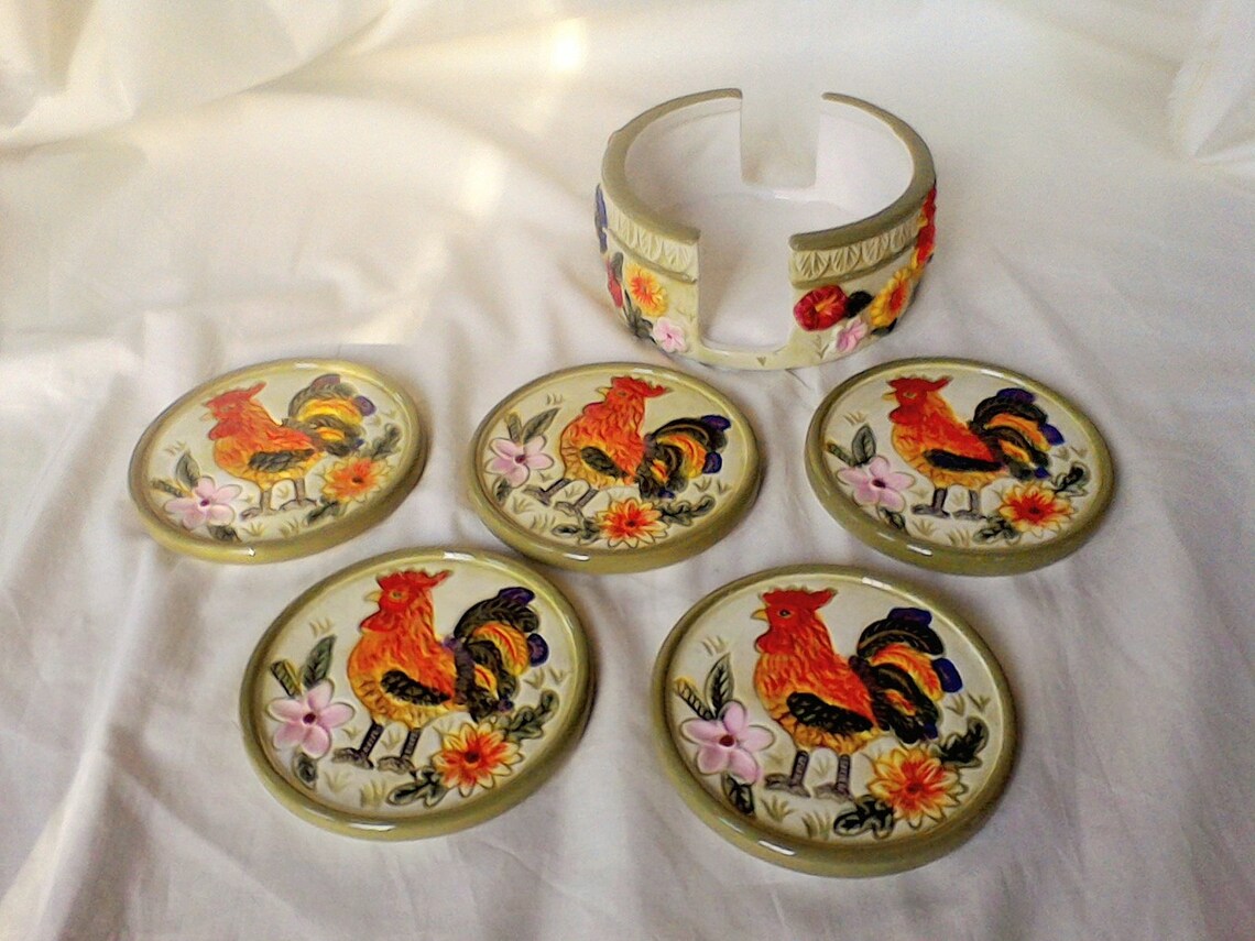 Rooster Ceramic Coaster Set With Holder Drink Coaster Farm | Etsy