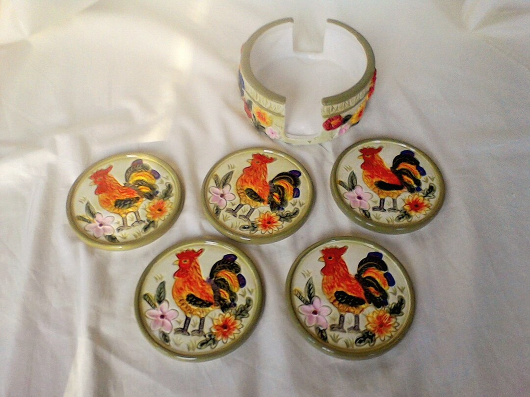Rooster Ceramic Coaster Set With Holder, Drink Coaster, Farm House ...