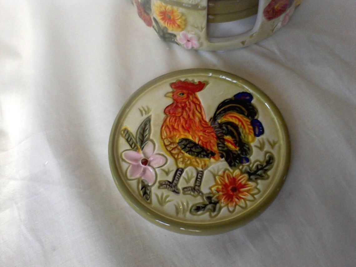 Rooster Ceramic Coaster Set With Holder Drink Coaster Farm | Etsy