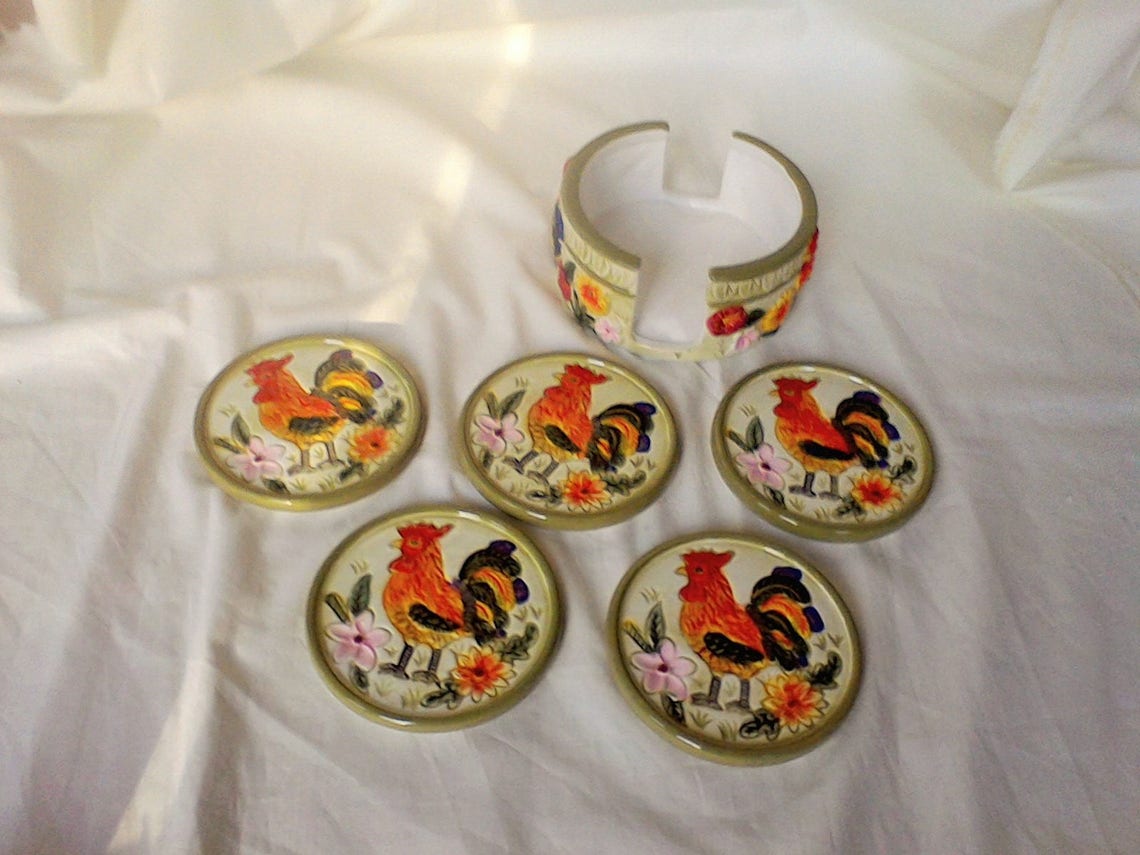Rooster Ceramic Coaster Set With Holder Drink Coaster Farm - Etsy